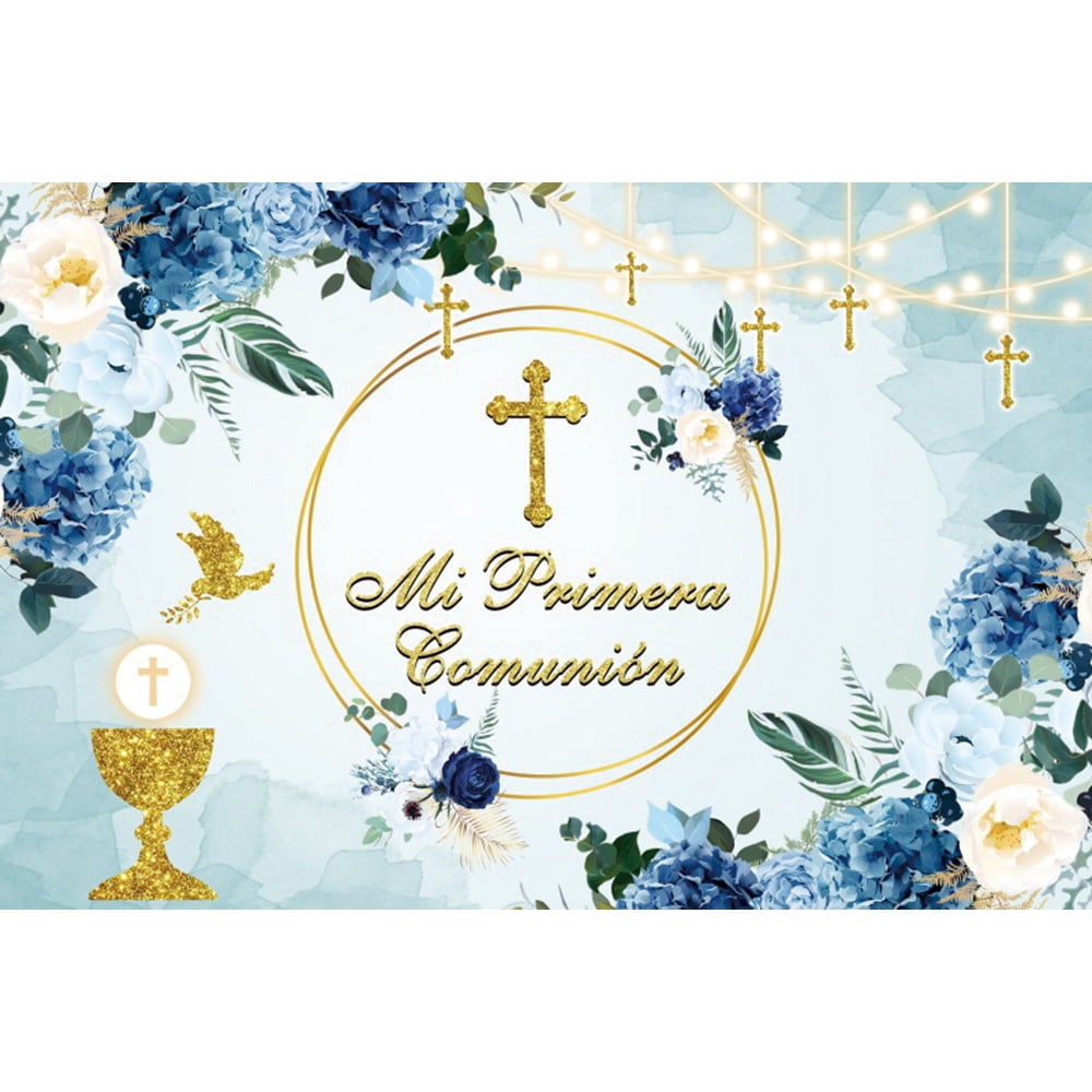 My First Holy Communion Backdrop Crucifix Gold Glitter Chalice Poster ...