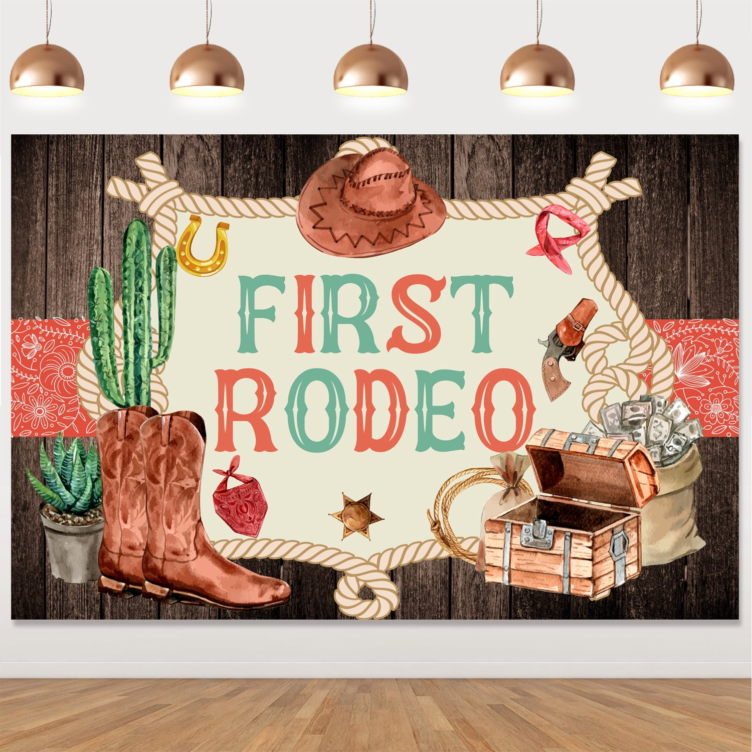 My First Rodeo 1st Birthday Backdrop, Vintage Orange Bean Green Western ...