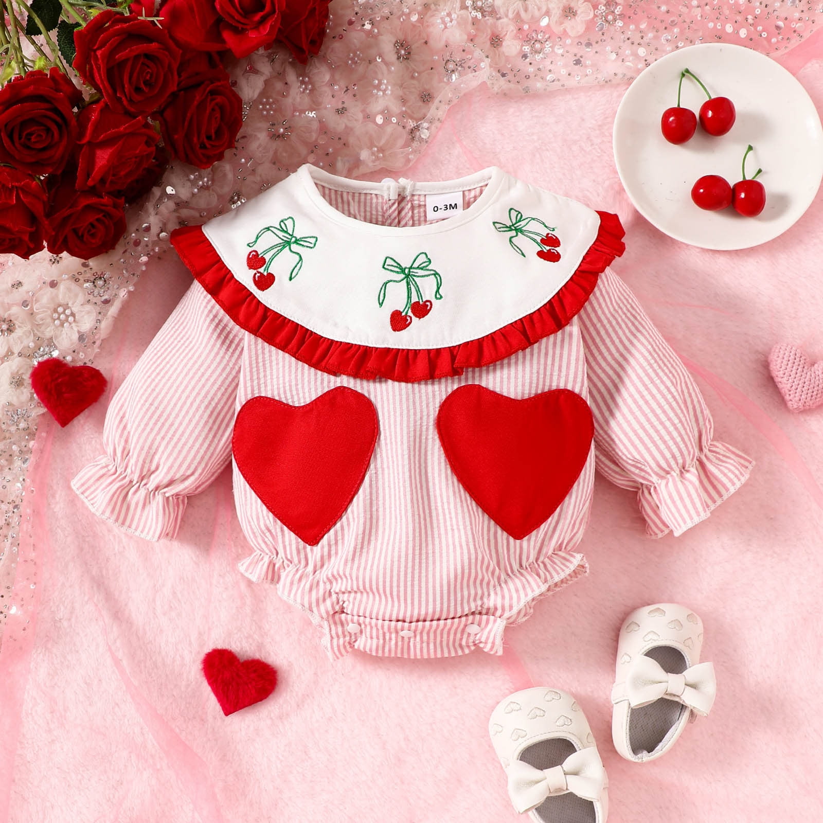 My First Valentines Day Baby Girl Outfit Love Heart Print Long Sleeve Bubble Romper Bodysuit ...