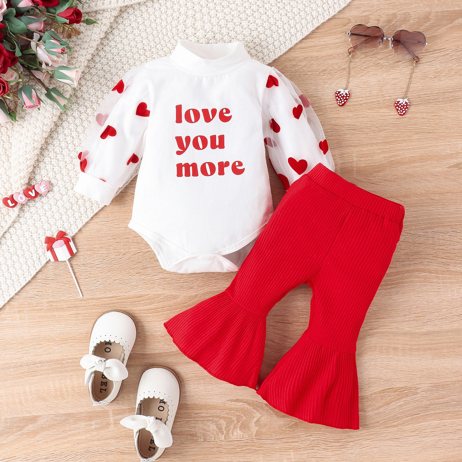 My First Valentines Day Baby Girl Outfit Lover Themed Letter Embroider Long Sleeve Bubble Romper ...