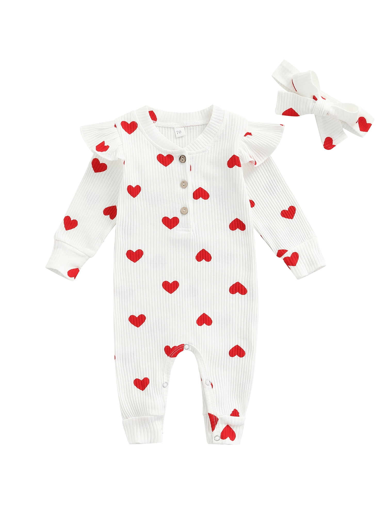 My First Valentines Day Baby Girl Outfit Newborn Long Sleeve Button Jumpsuit Heart Knit Bodysuit ...