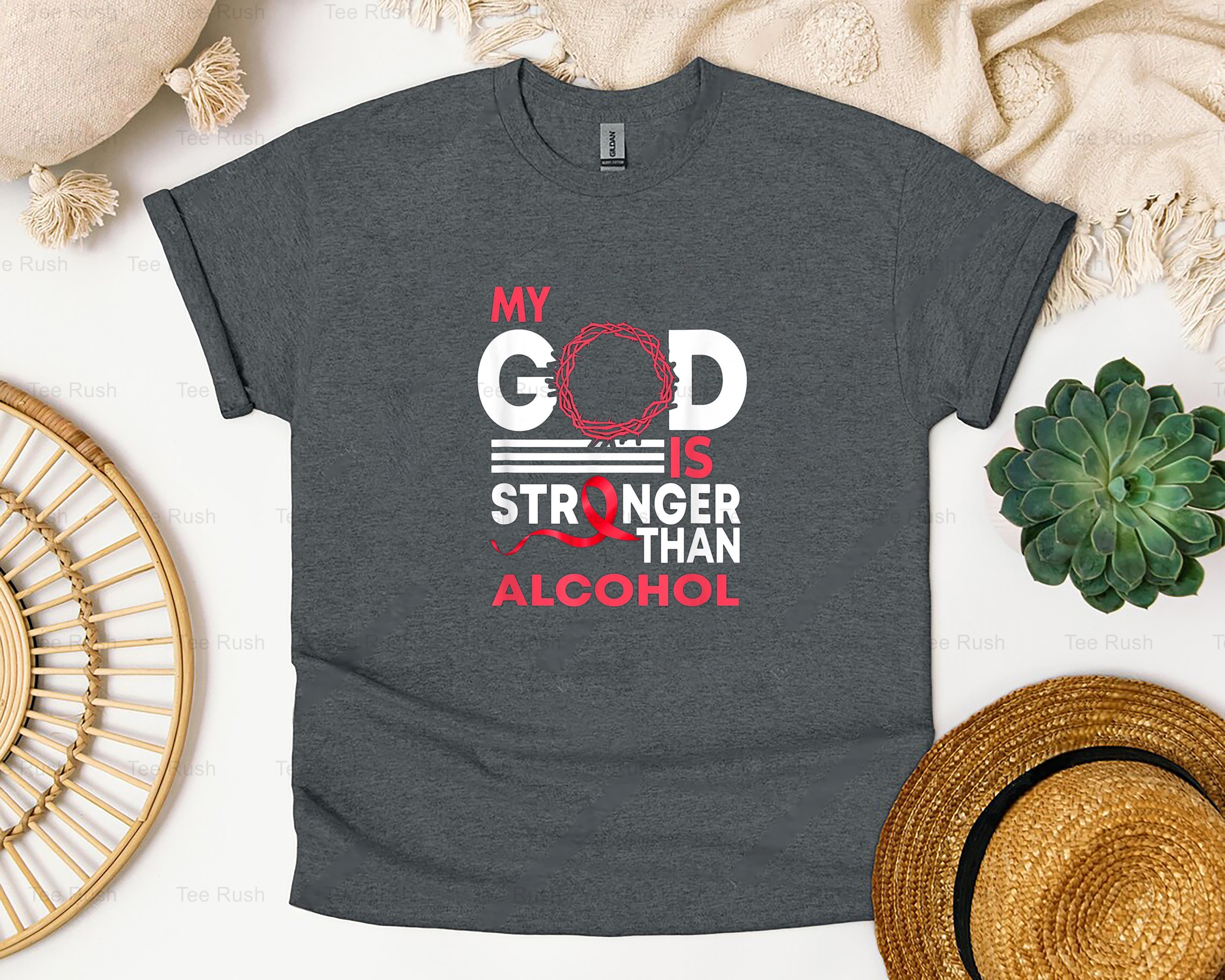 My God Stronger Than Alcohol Awareness Ribbon Addiction Recovery Faith ...
