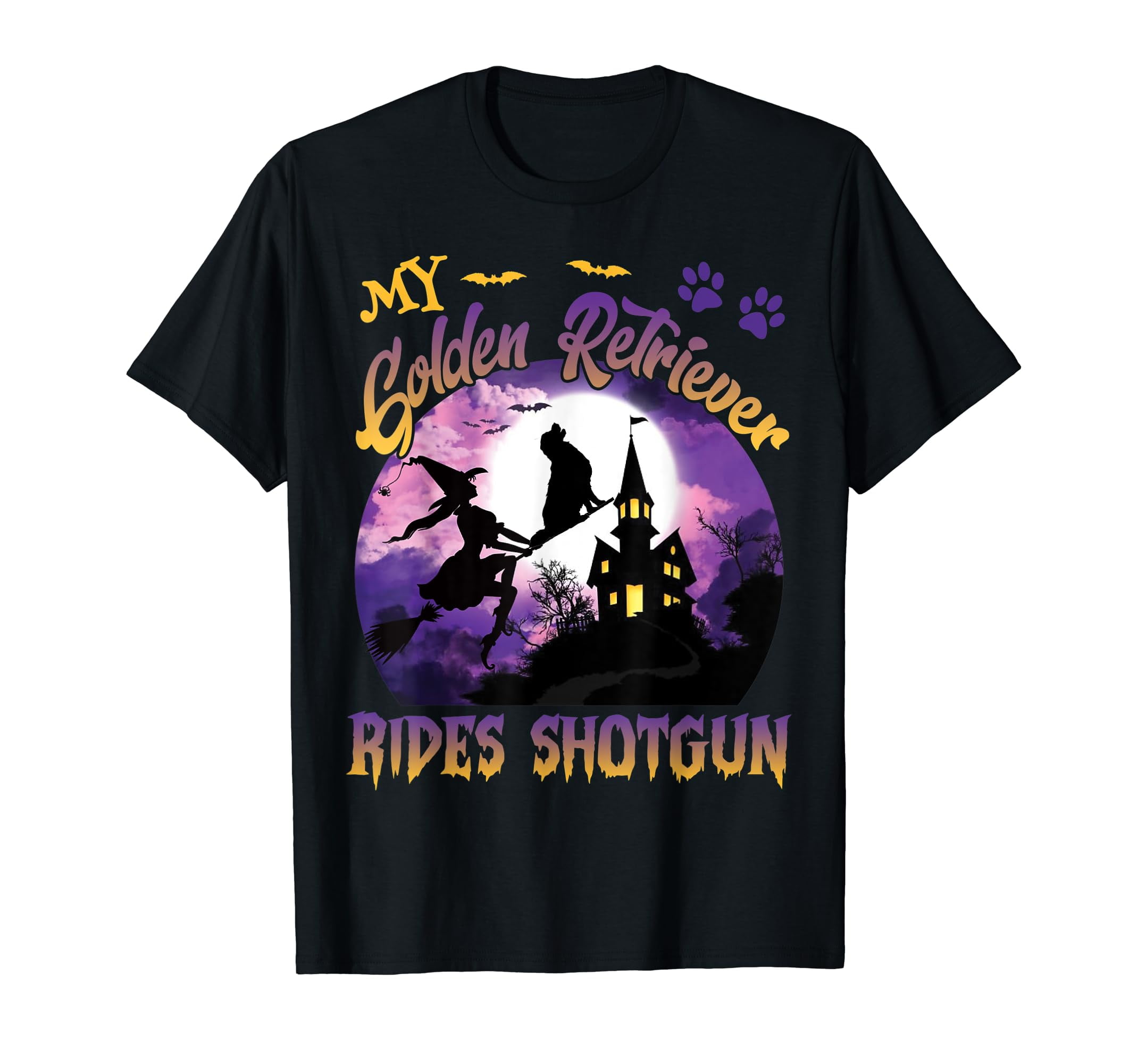 My Golden Retriever Rides Shotgun Cool Halloween Witch Dog Short Sleeve Black T-Shirt - Walmart.com
