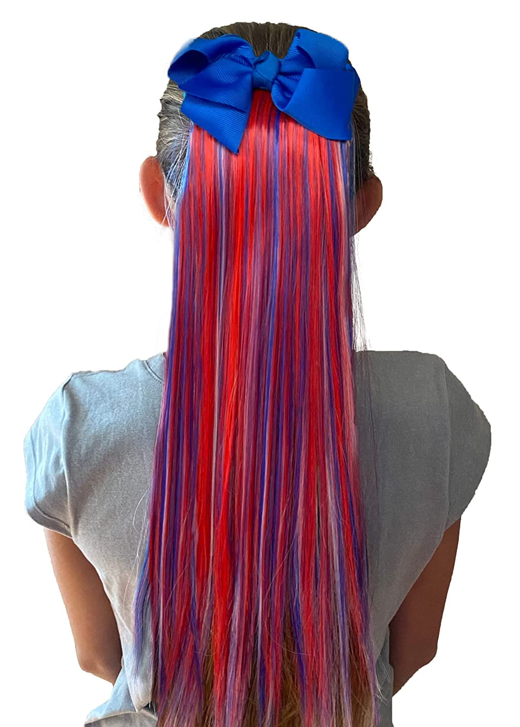 My Hair Popz Red and Blue Hair Extensions for Kids with Bow, clip in ...