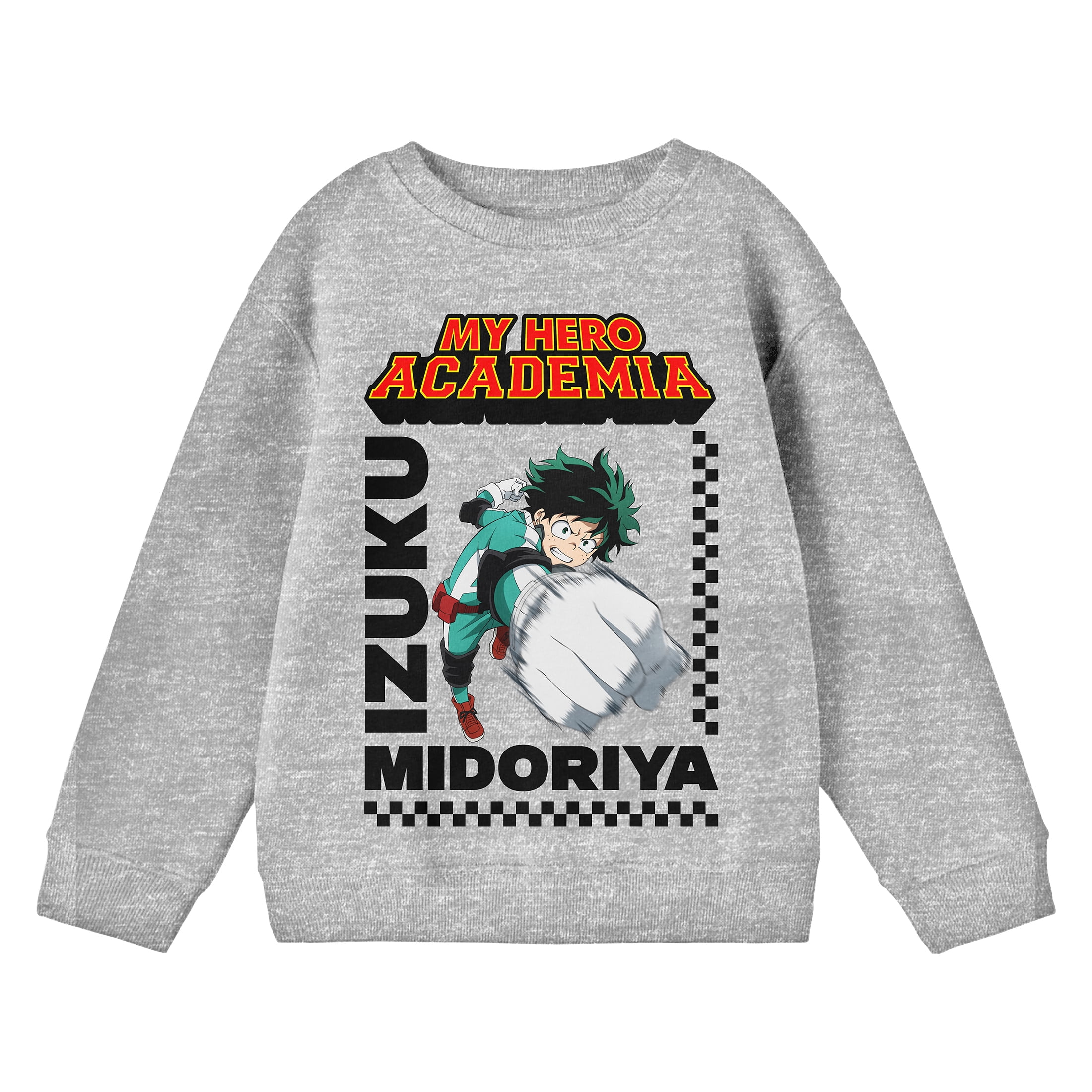 My Hero Academia Izuku Midoriya With Title Logo Youth Heather Gray Crew ...