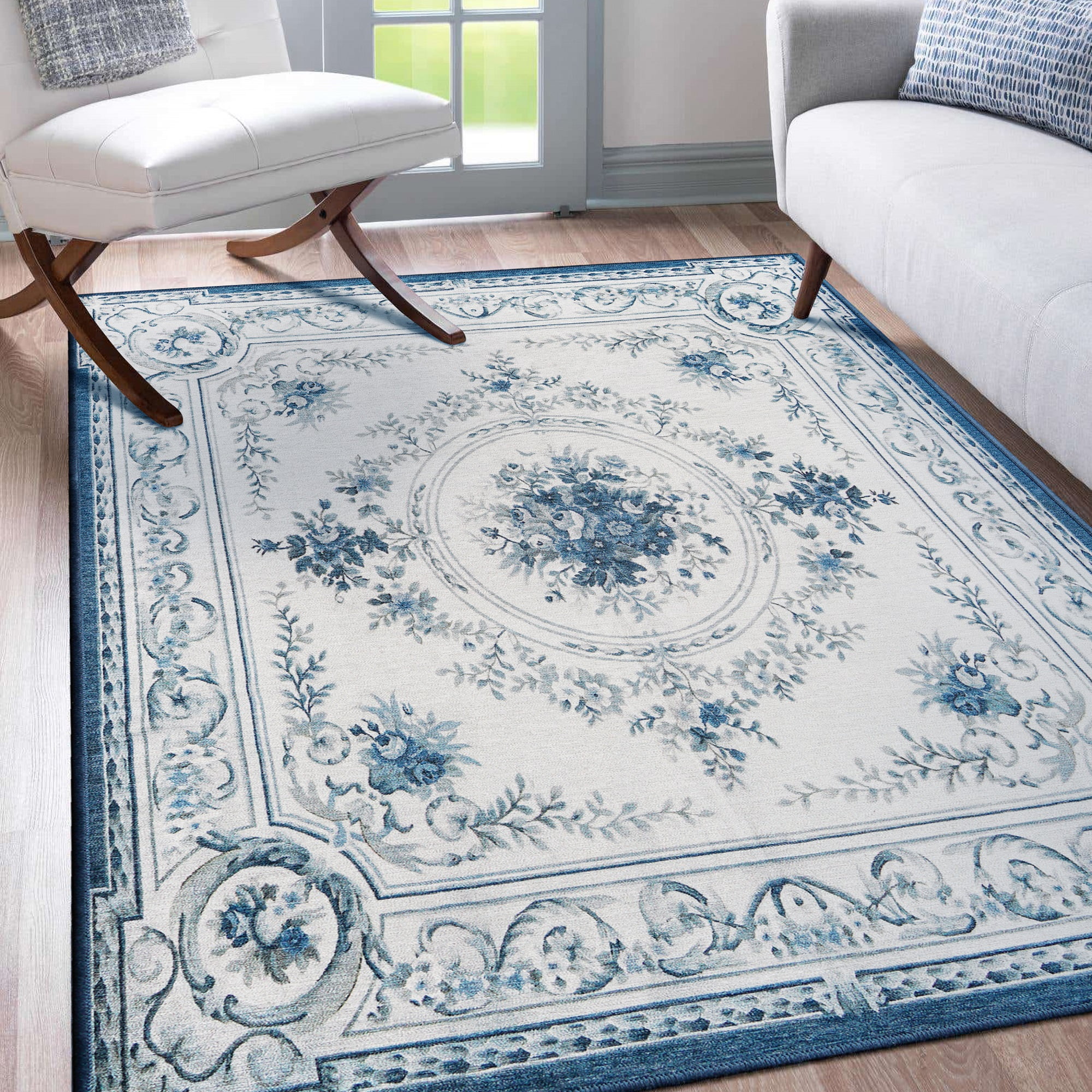 My Magic Carpet Machine Washable Aubusson Blue 5x7 Area Rug - Non-Slip ...