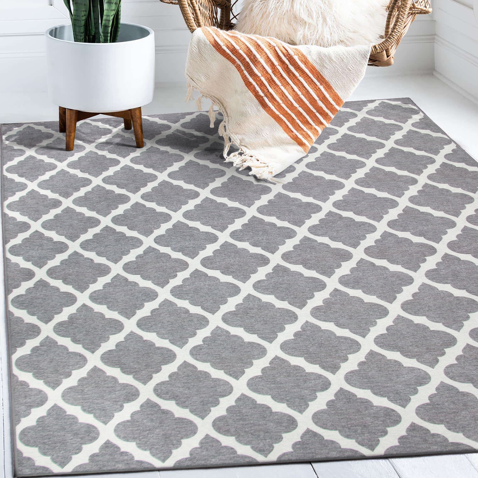 My Magic Carpet Machine Washable Moroccan Trellis Grey 5x7 Area Rug ...