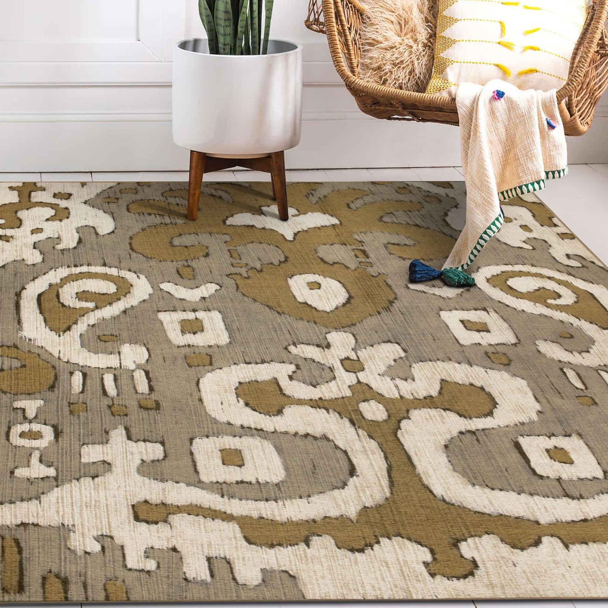 My Magic Carpet Machine Washable Ochre Ikat Grey/Gold 5x7 Area Rug ...