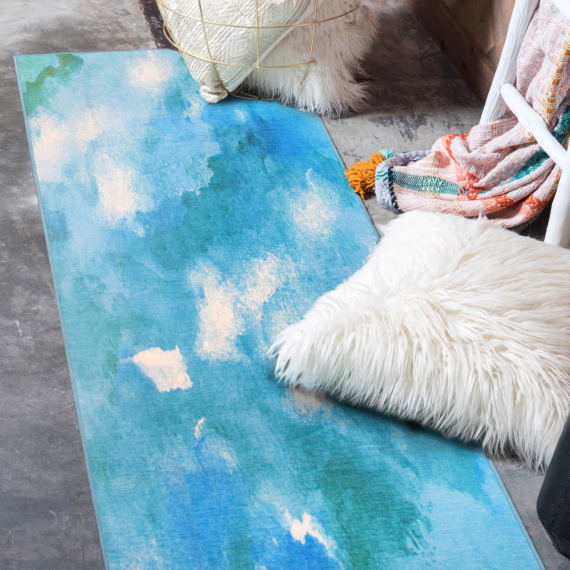 My Magic Carpet Machine Washable Watercolor Aqua Blue 2.5x7 Runner Rug ...