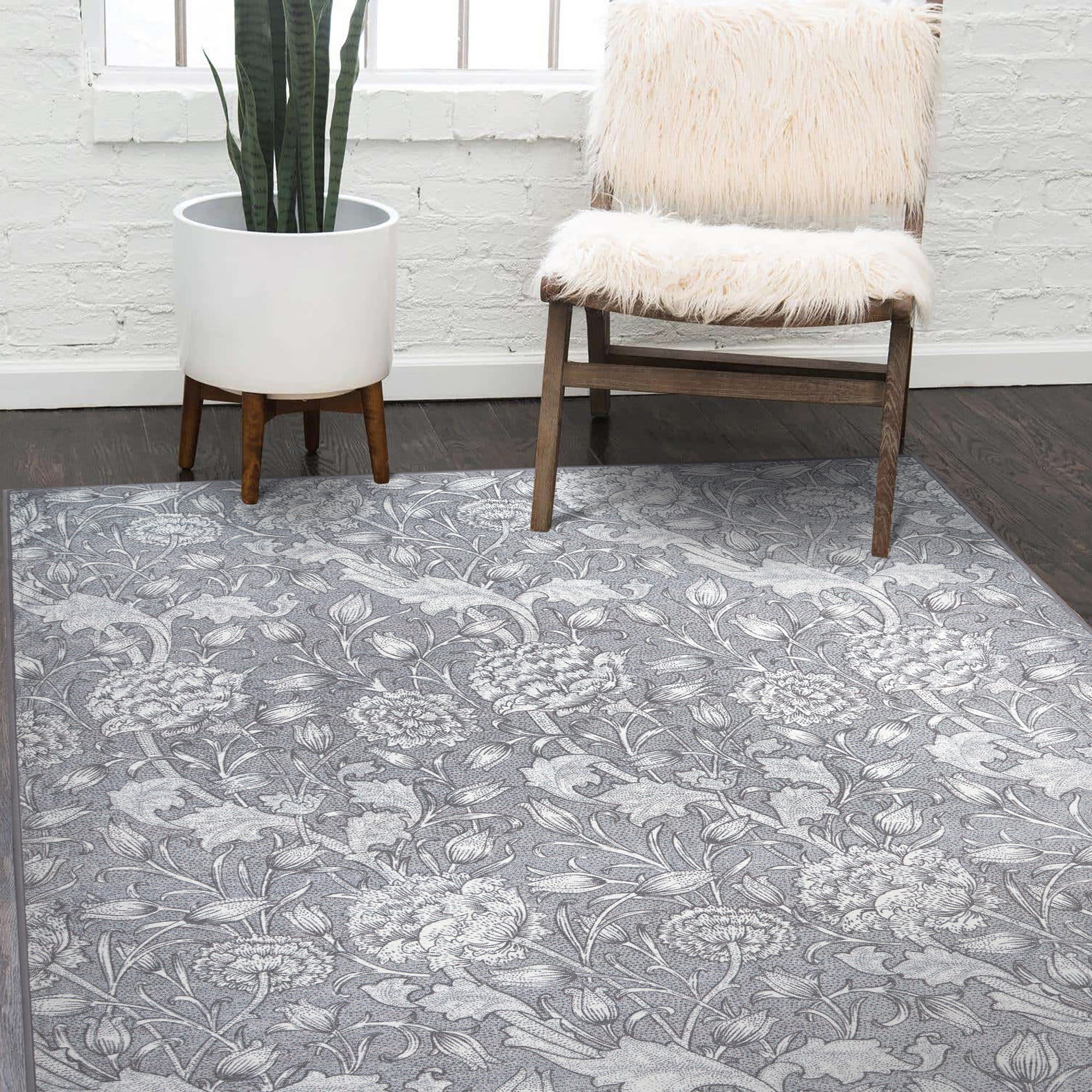 My Magic Carpet Machine Washable Kalini Floral Grey 5x7 Area Rug - Non ...