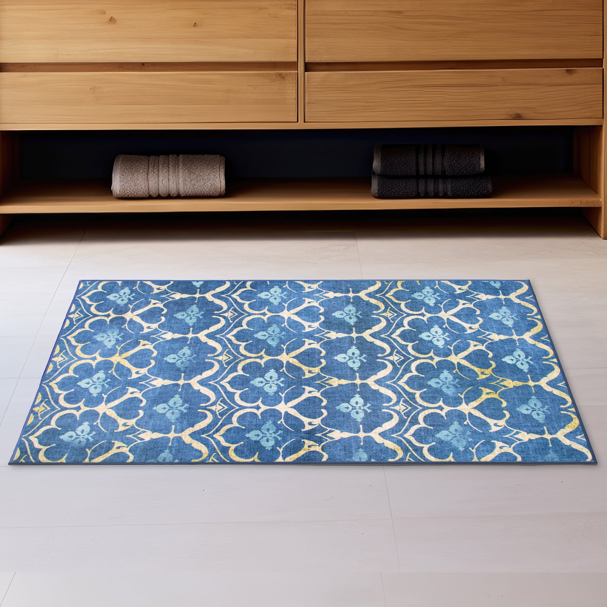 My Magic Carpet Machine Washable Leilani Damask Blue 3x5 Area Rug - Non ...