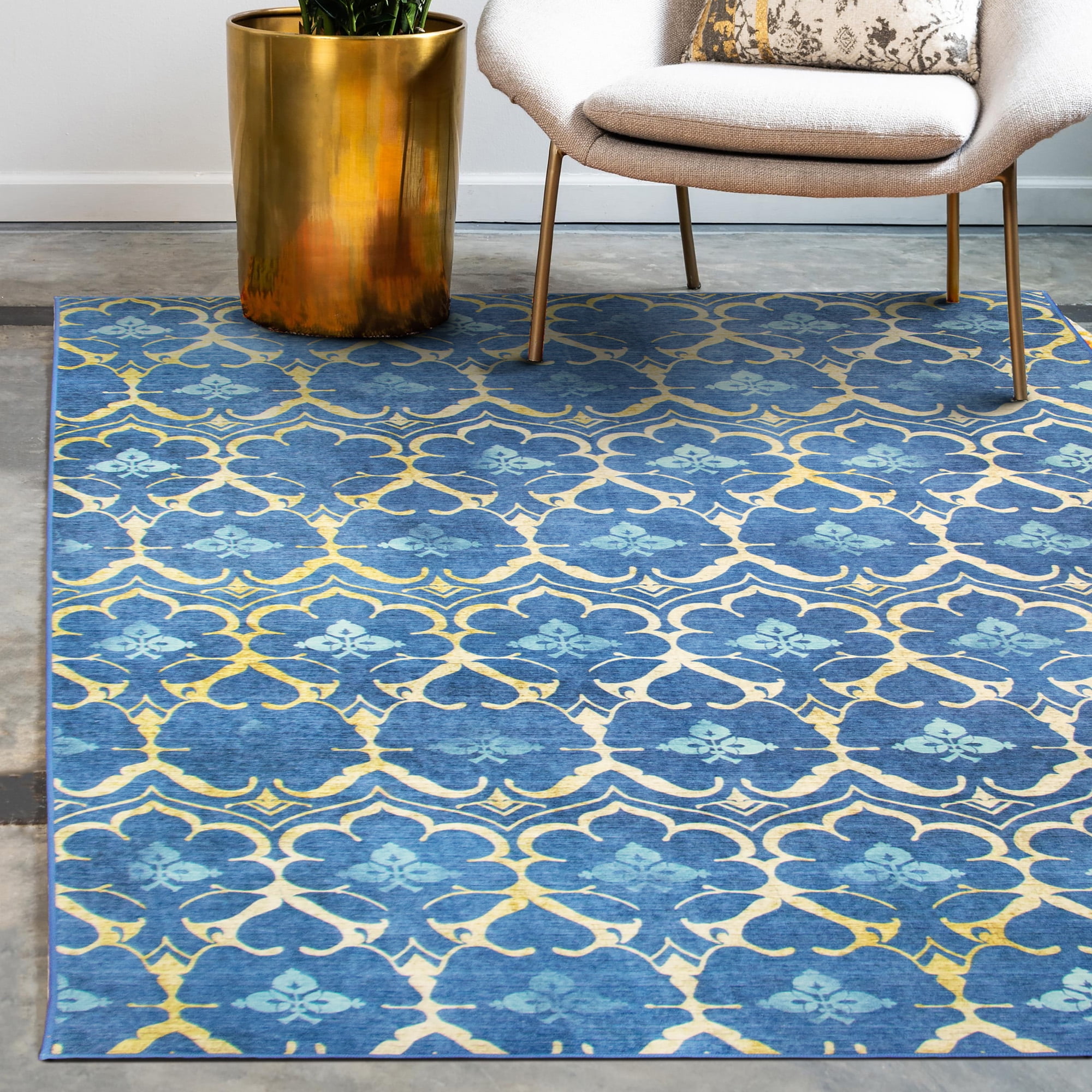 My Magic Carpet Machine Washable Leilani Damask Blue 5x7 Area Rug - Non ...