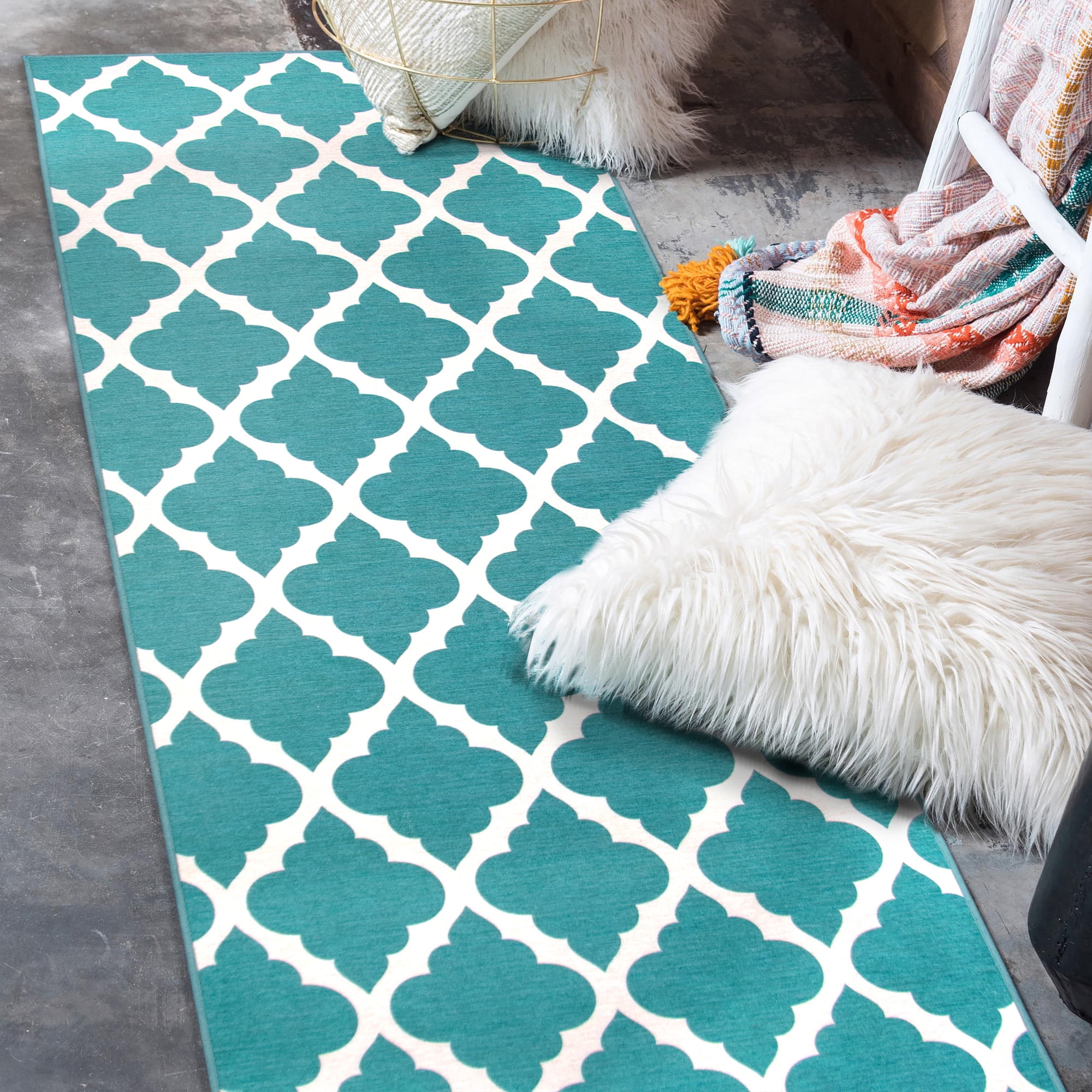 My Magic Carpet Machine Washable Moroccan Trellis Teal 2.5x7 Runner Rug ...