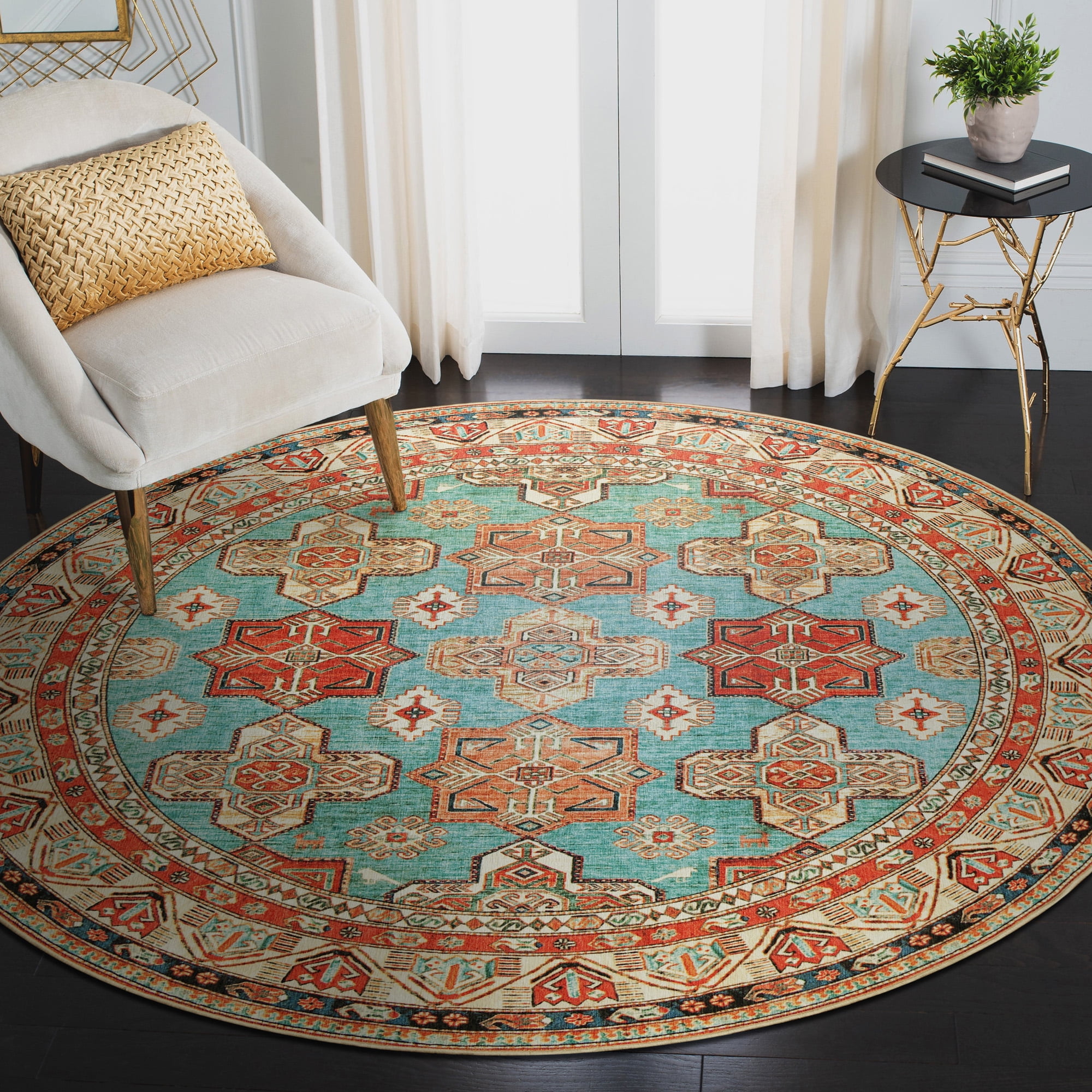 My Magic Carpet Machine Washable Ottoman Turquoise 6' Round Rug - Non ...