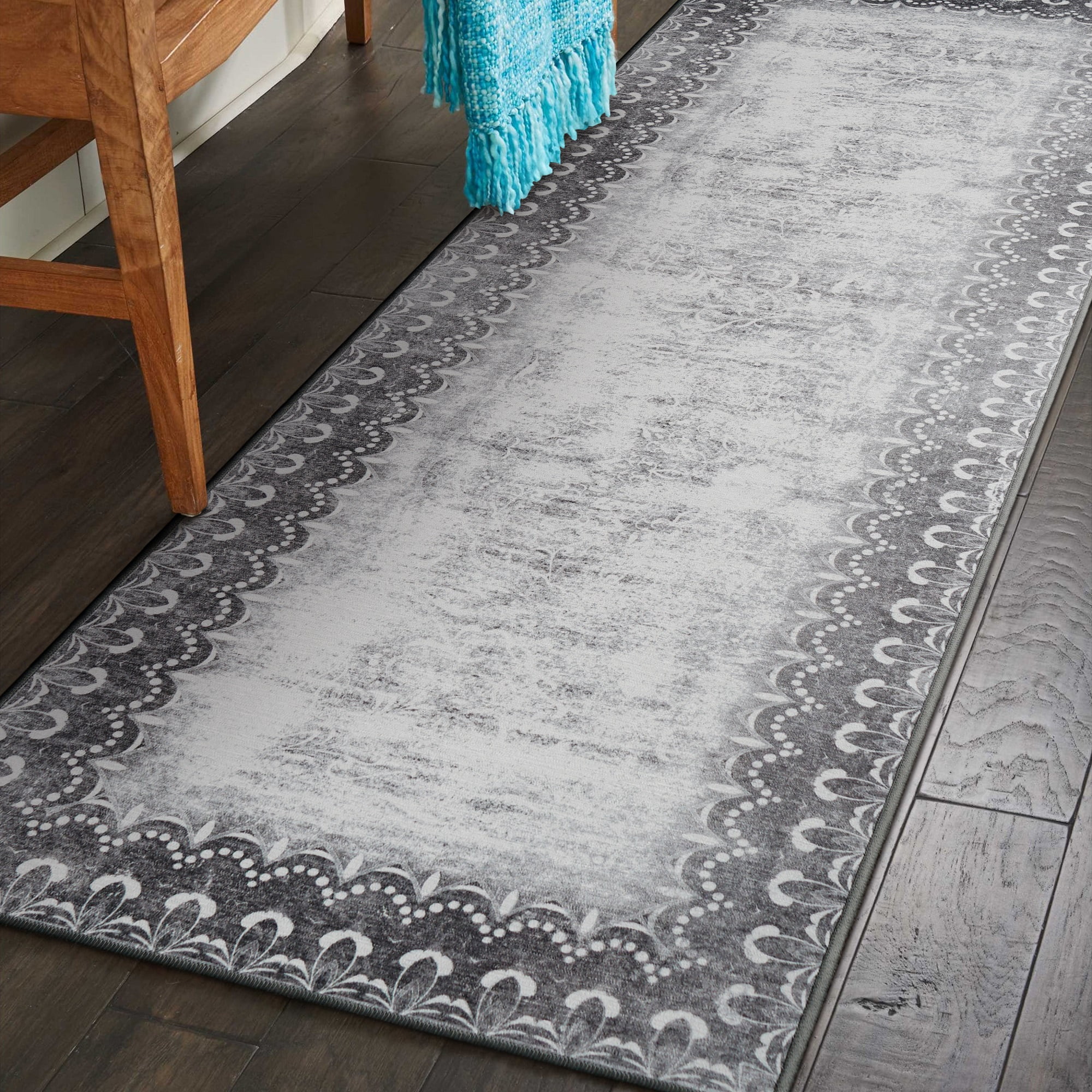 My Magic Carpet Machine Washable Dardon Bordered Grey 2.5x7 Runner Rug ...