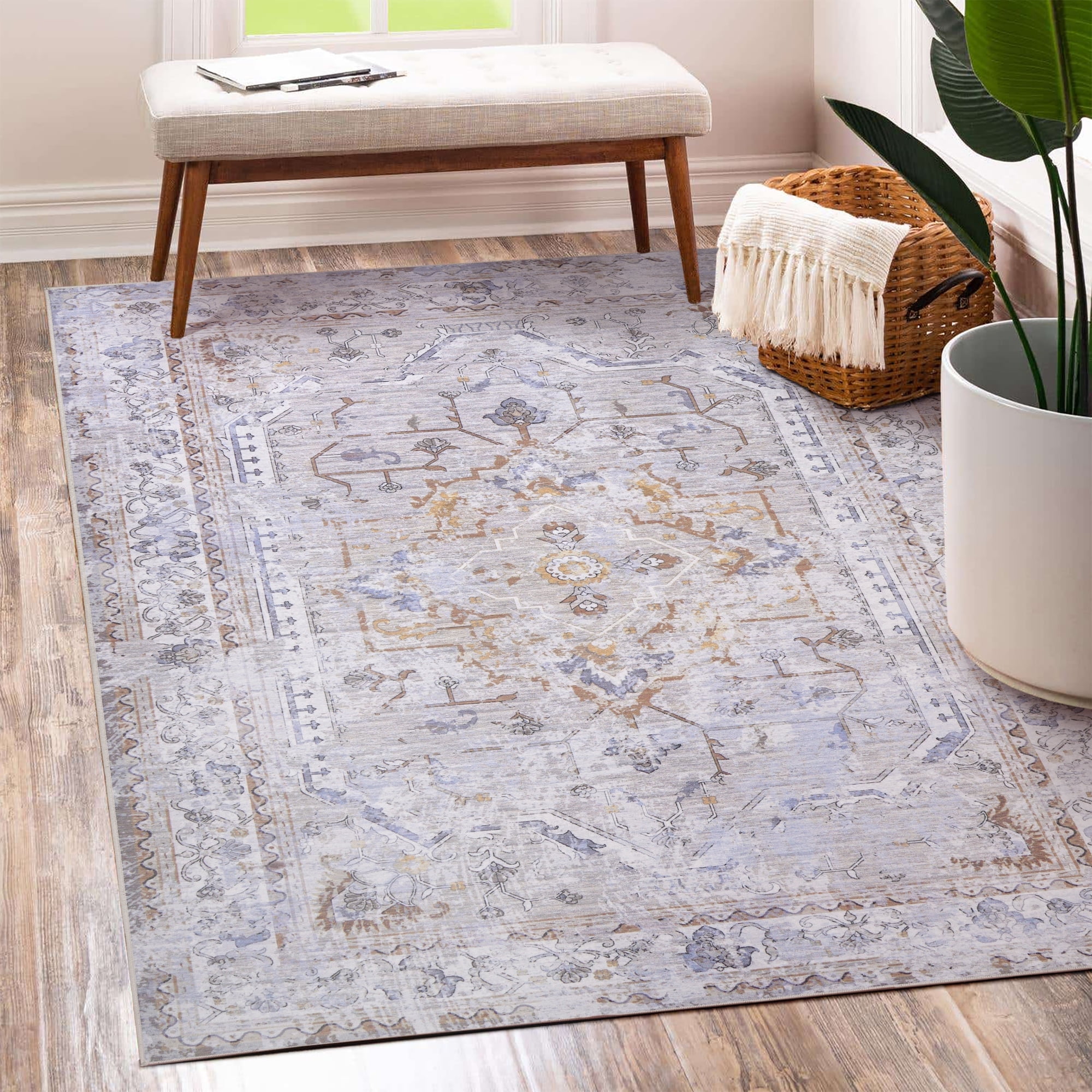 My Magic Carpet Machine Washable Sofia Neutral 5x7 Area Rug - Non-Slip ...