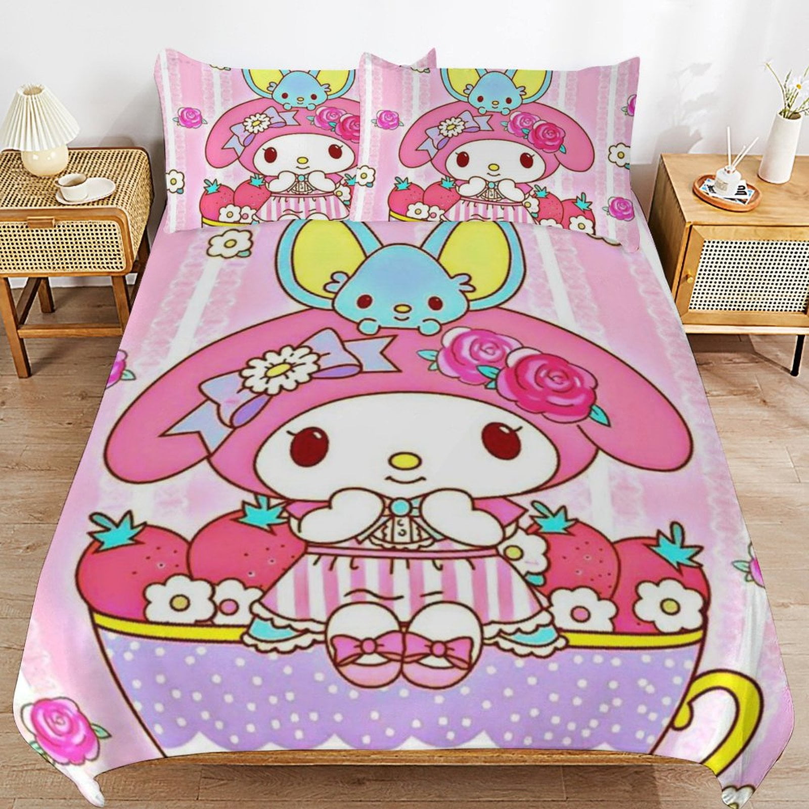 My Melody 3 Pcs Bed Sheets Set Breathable Duvet Cover with 2 Pillow ...