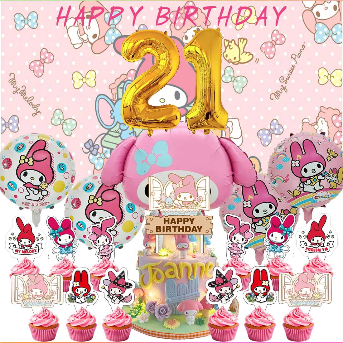 My Melody Party Supplies Decor 21th Kit Balloons Birthday Cake Topper ...