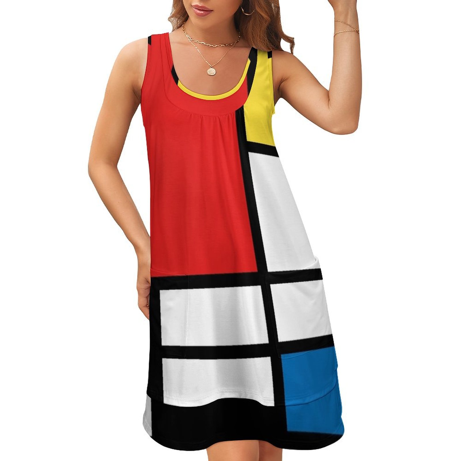 My Mondrian Sleeveless U-Neck Fake Two Piece Dress Woman clothes summer ...