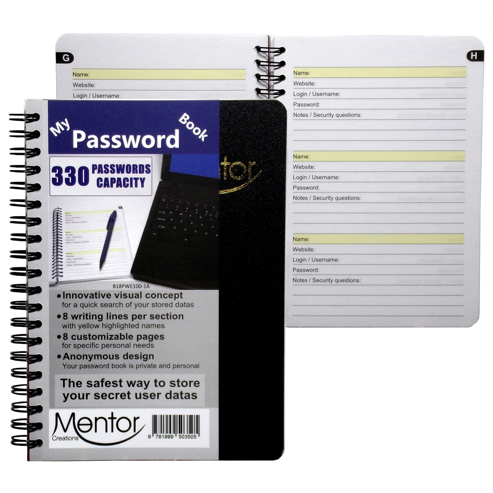 My Password Book 7" x 5" Password and Private Code Journal Black Cover ...
