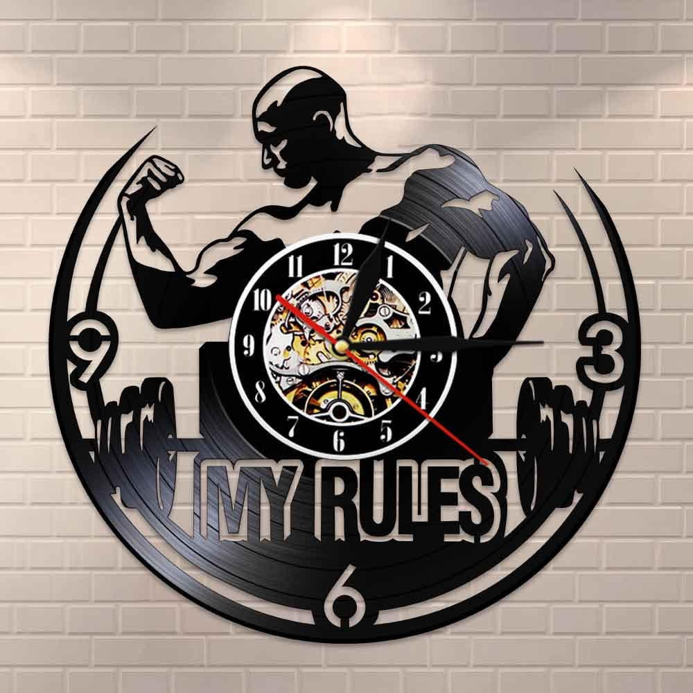 My Rule Motivational Quote Wall Art GYM Wall Clock Muscle Man Weighting ...