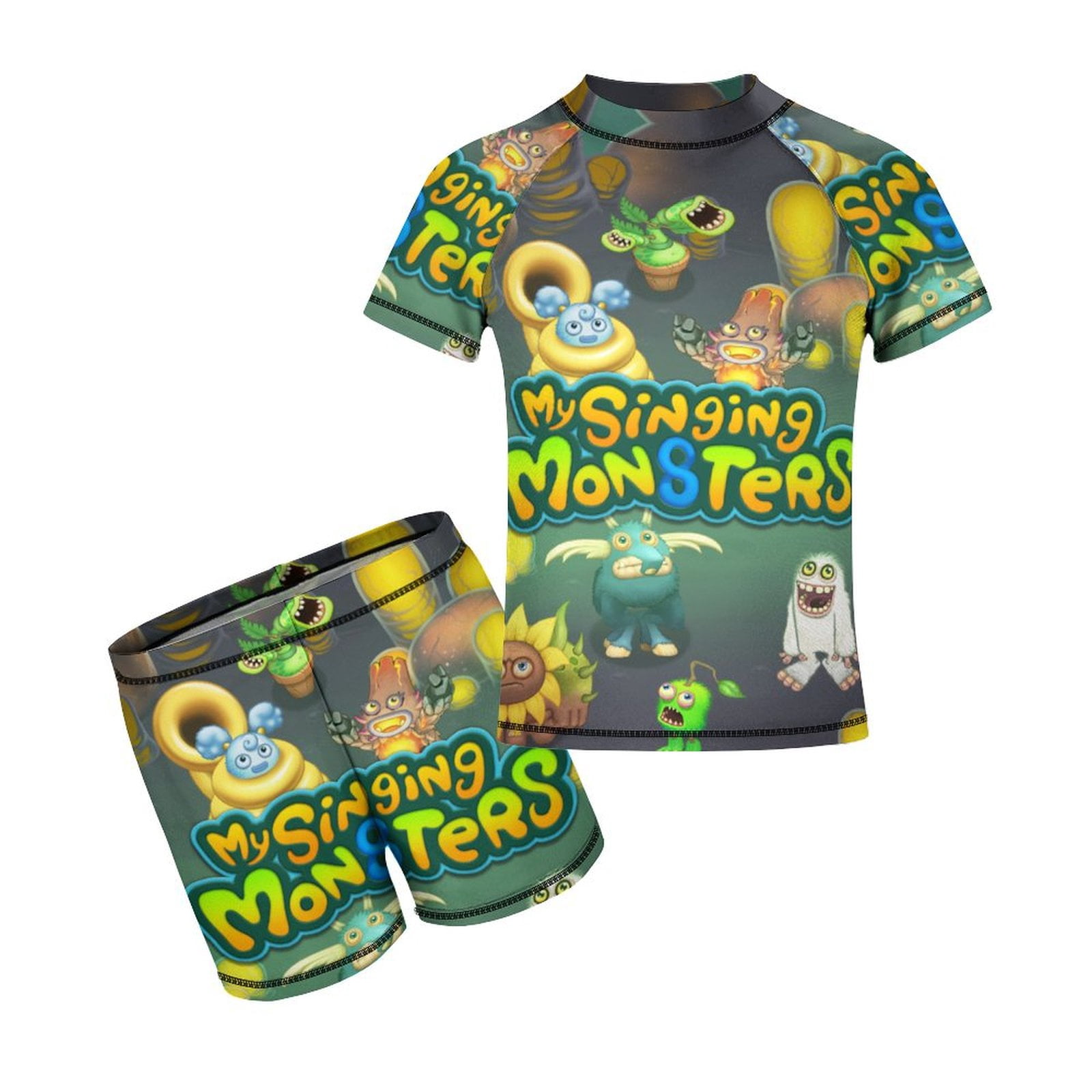 My Singing Monsters Boys 2-Piece Swimsuit Set, Short Sleeve Rash Guard ...