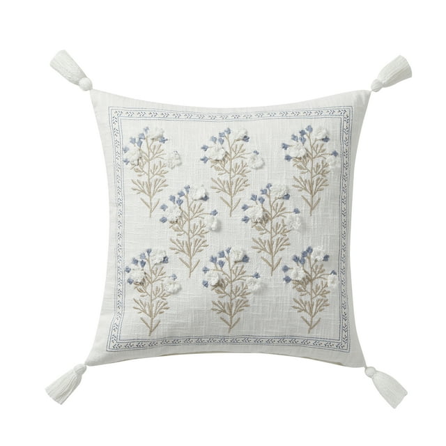My Texas House 18" x 18" Ivory/Blue Hailey Floral Cotton Slub ...