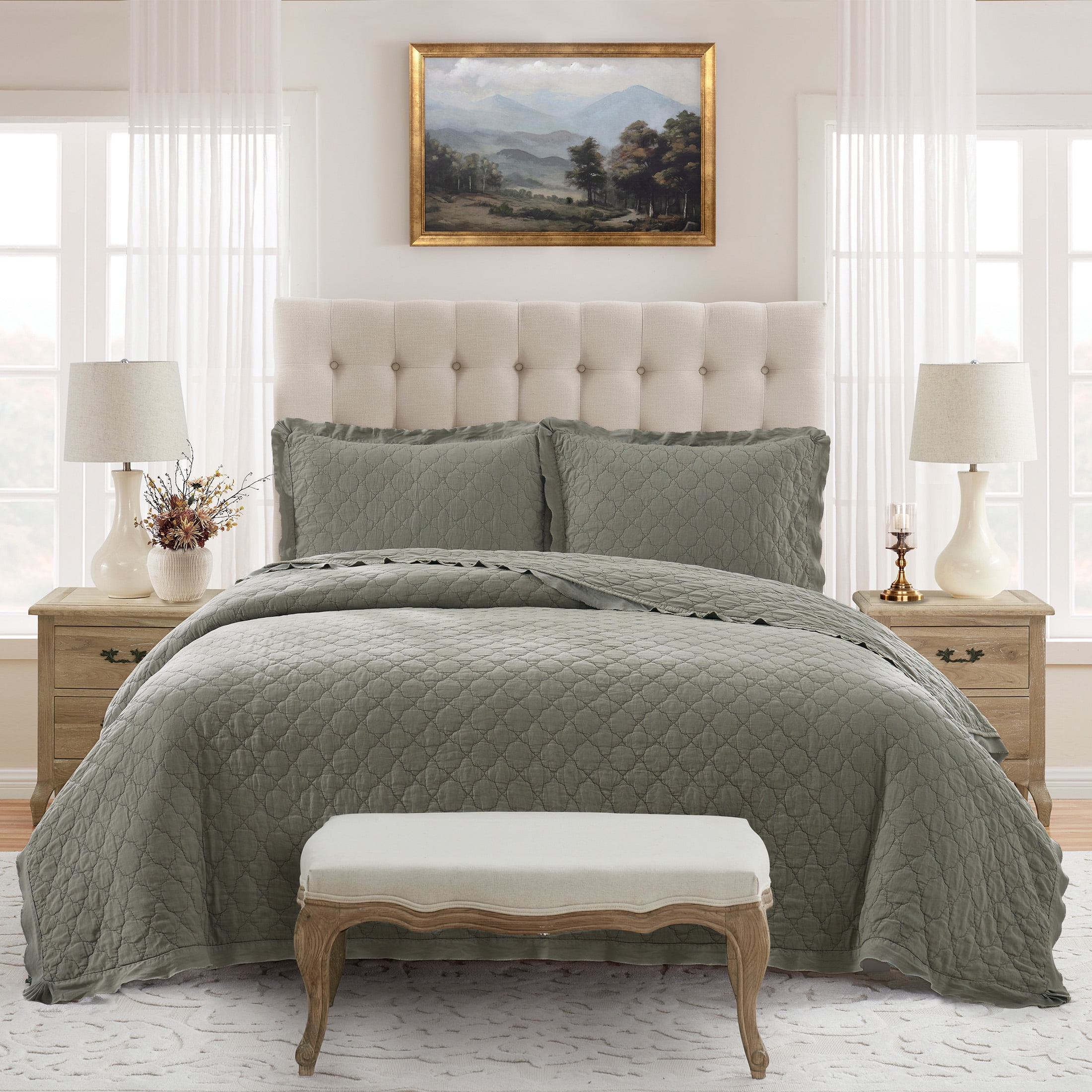 My Texas House Full/Queen Quilt Set, All-Season, 3-Piece, Sage Trellis ...