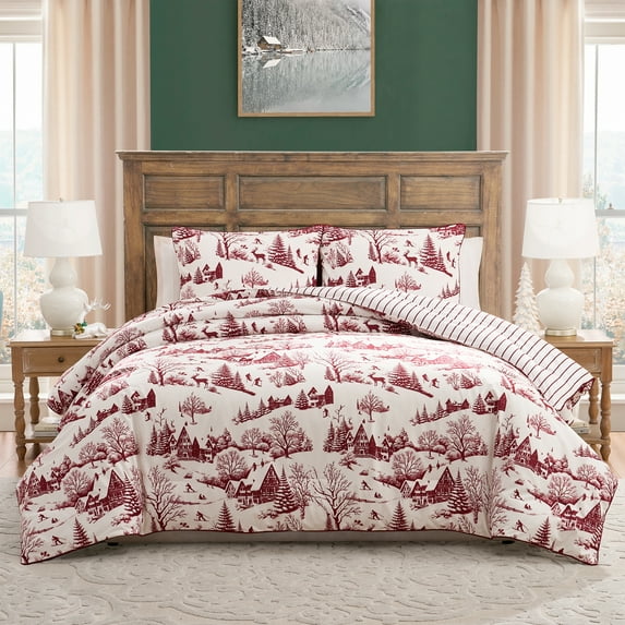 My Texas House Aurora 3-Piece Red Toile Velvet Adult Comforter Set ...