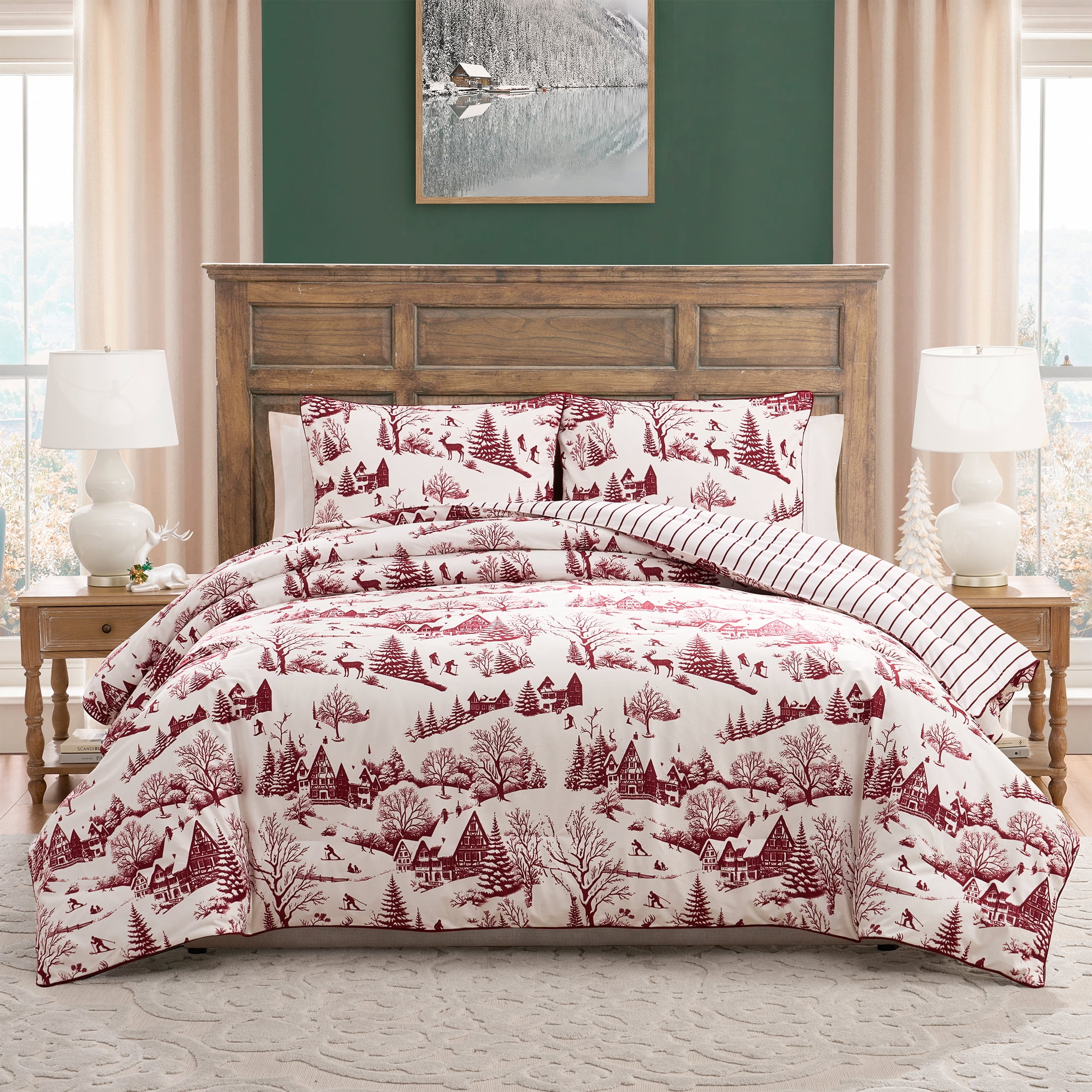My Texas House Aurora 3-Piece Red Toile Velvet Adult Comforter Set ...