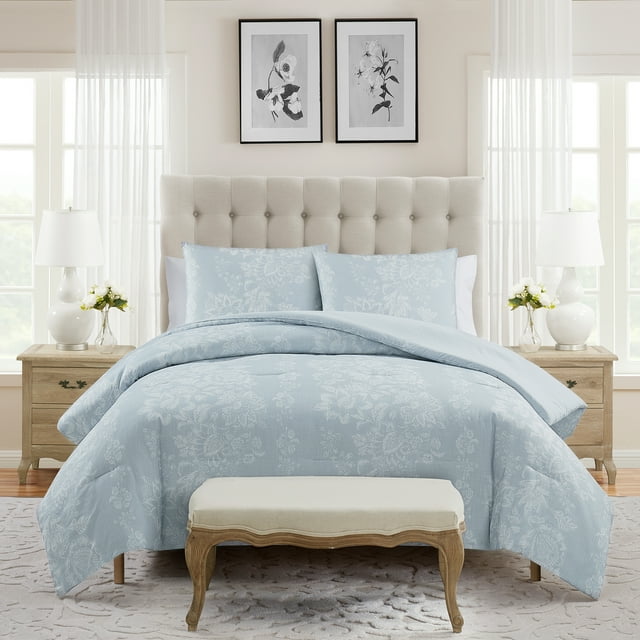 My Texas House Caroline 3-Piece Blue Floral Slub Comforter Set, Full ...