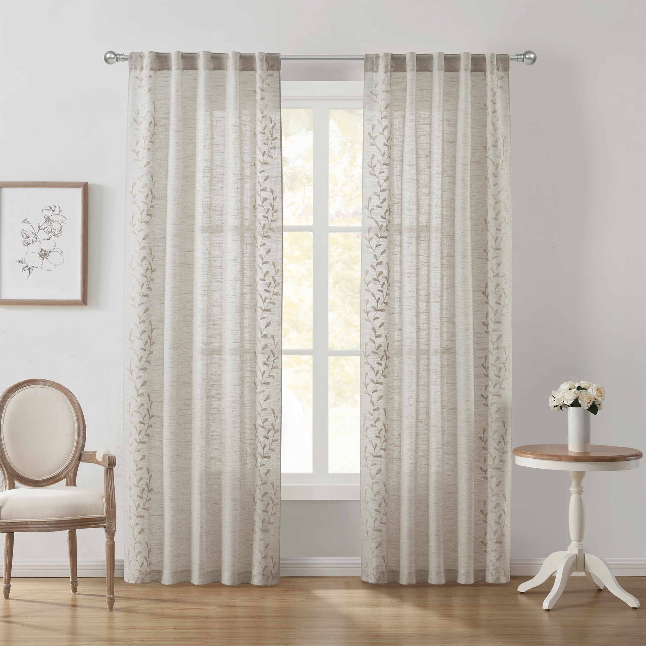 My Texas House Embroidered Floral Rod Pocket Back Tab Curtain Panel ...