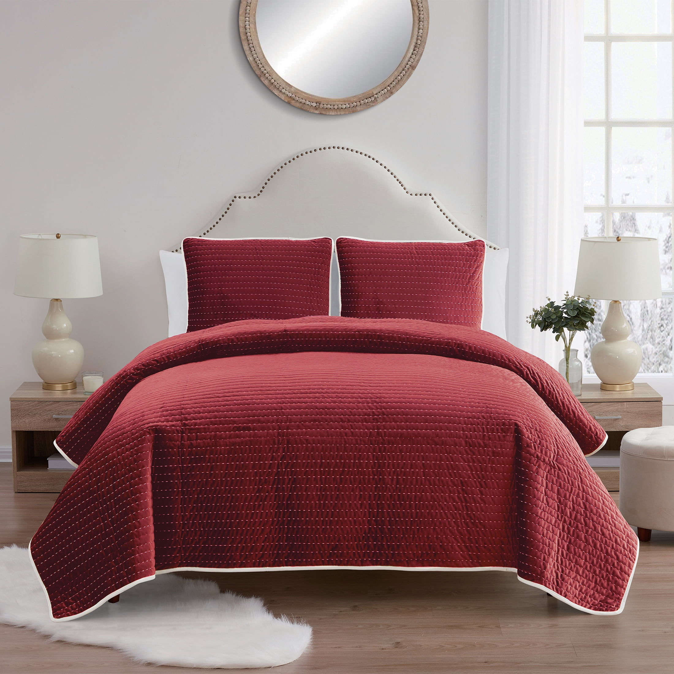 My Texas House Quinn Savvy Red Pick Stitch Stripe Velvet 3-Piece Quilt ...