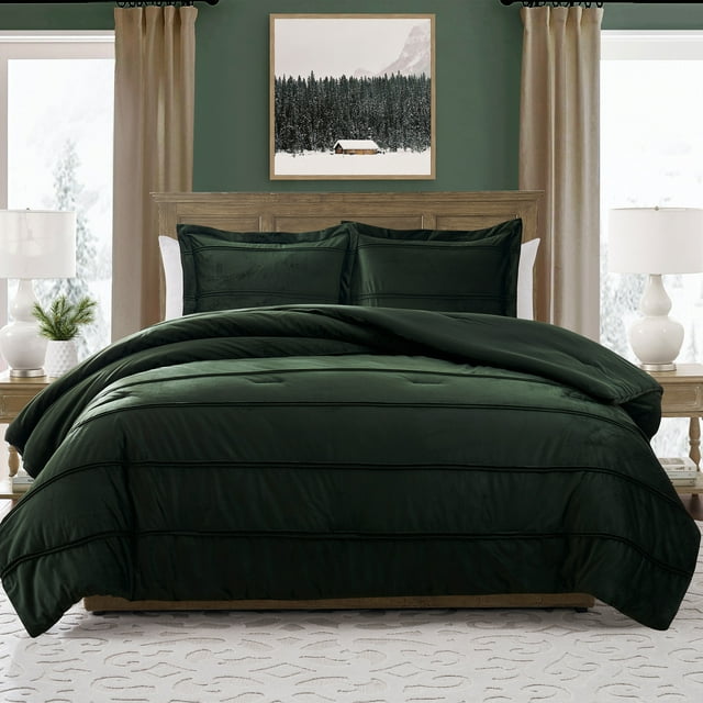 My Texas House Rosalinn 3-Piece Green Velvet Stripe Comforter Set, Full ...