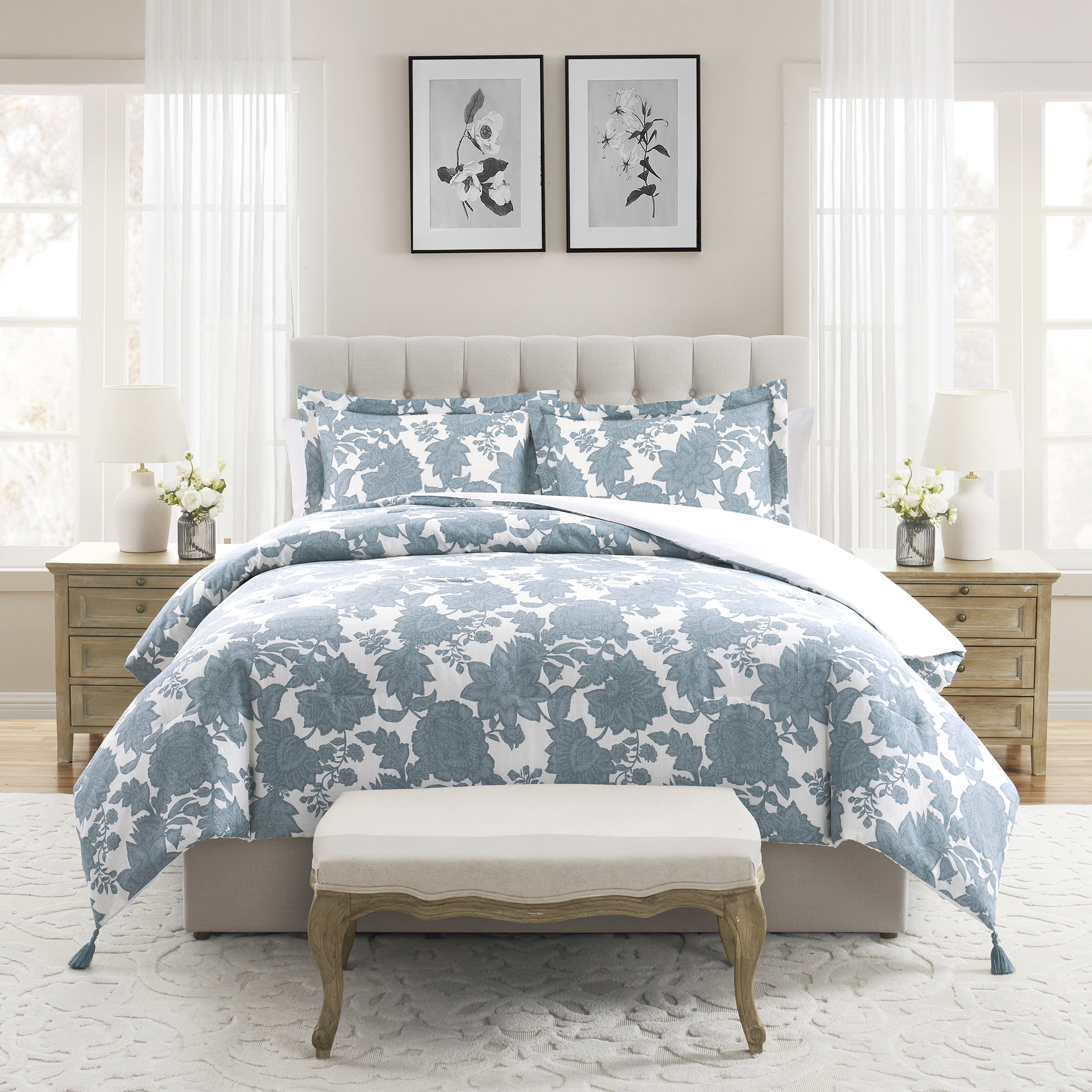 My Texas House Veronica 3-Piece Blue Floral Cotton Slub Comforter Set ...