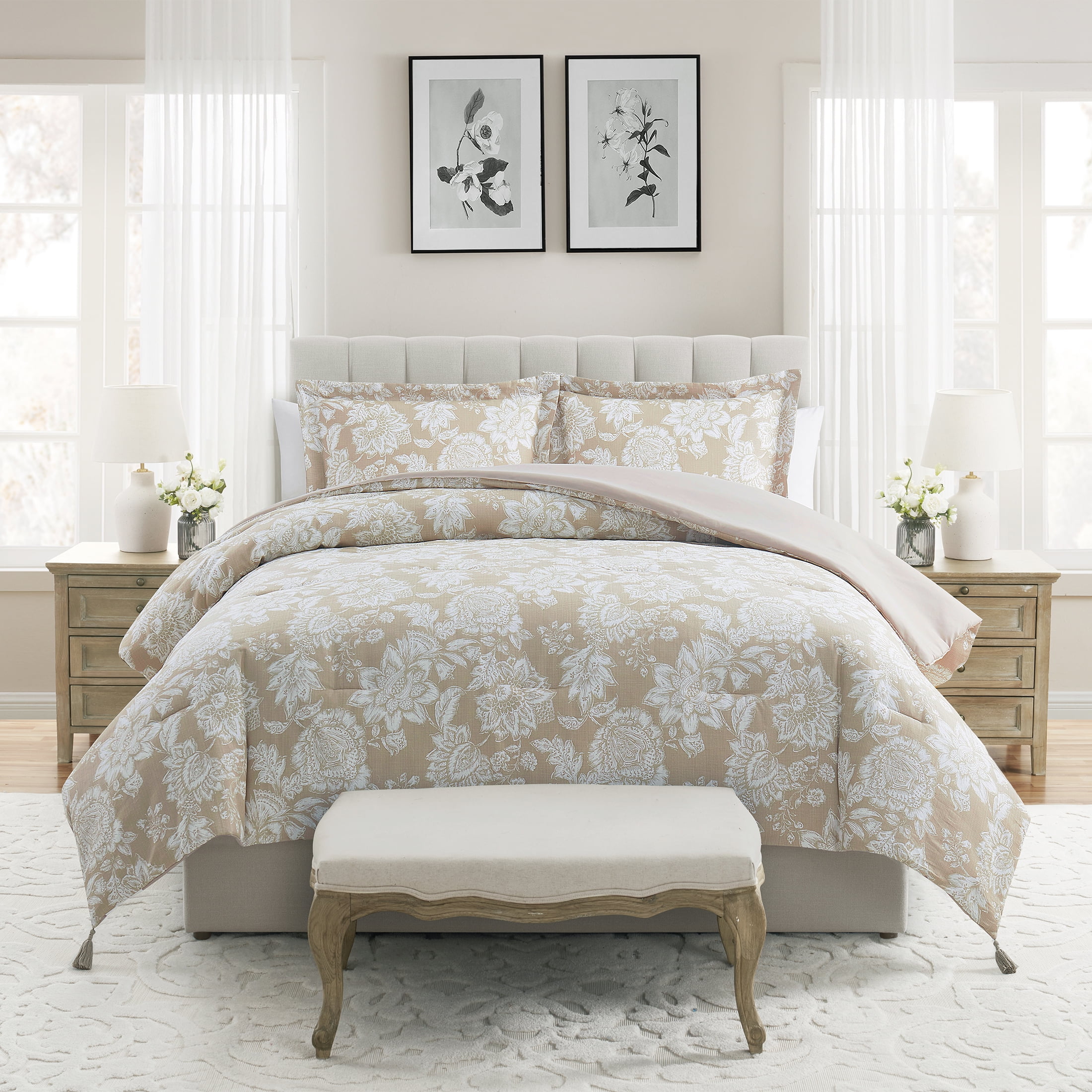 My Texas House Veronica 3-Piece White Pepper Taupe Floral Cotton Slub ...