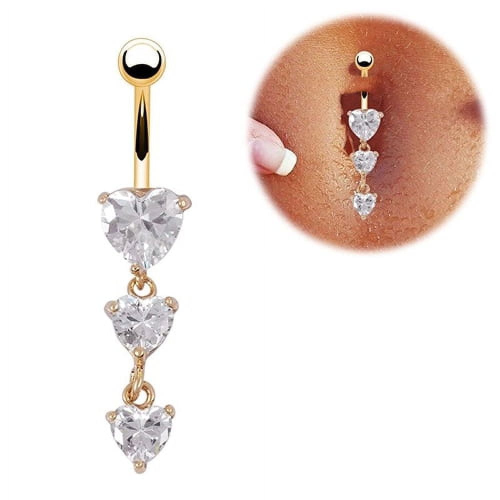 Mybeauty Gold Navel Belly Ring, 3 Clear Heart Crystal Dangles, Surgical ...
