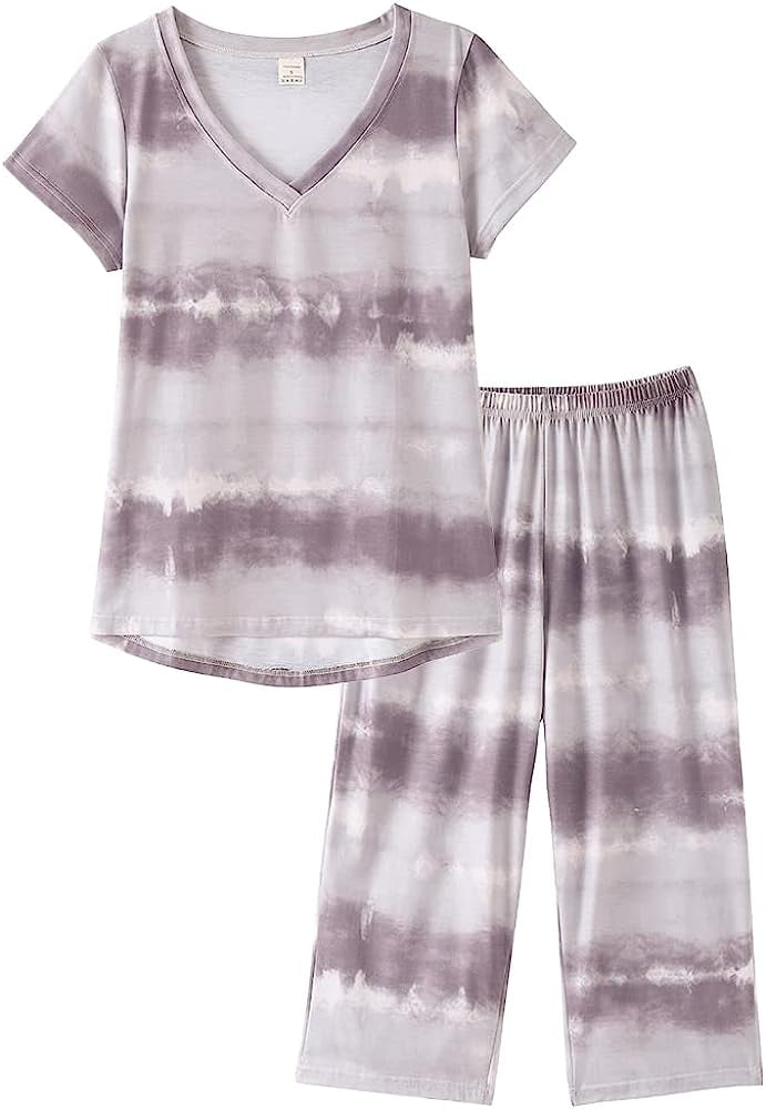 MyFav Women's Capri Pajama Sets Plus Size Sleepwear Top with Capri ...