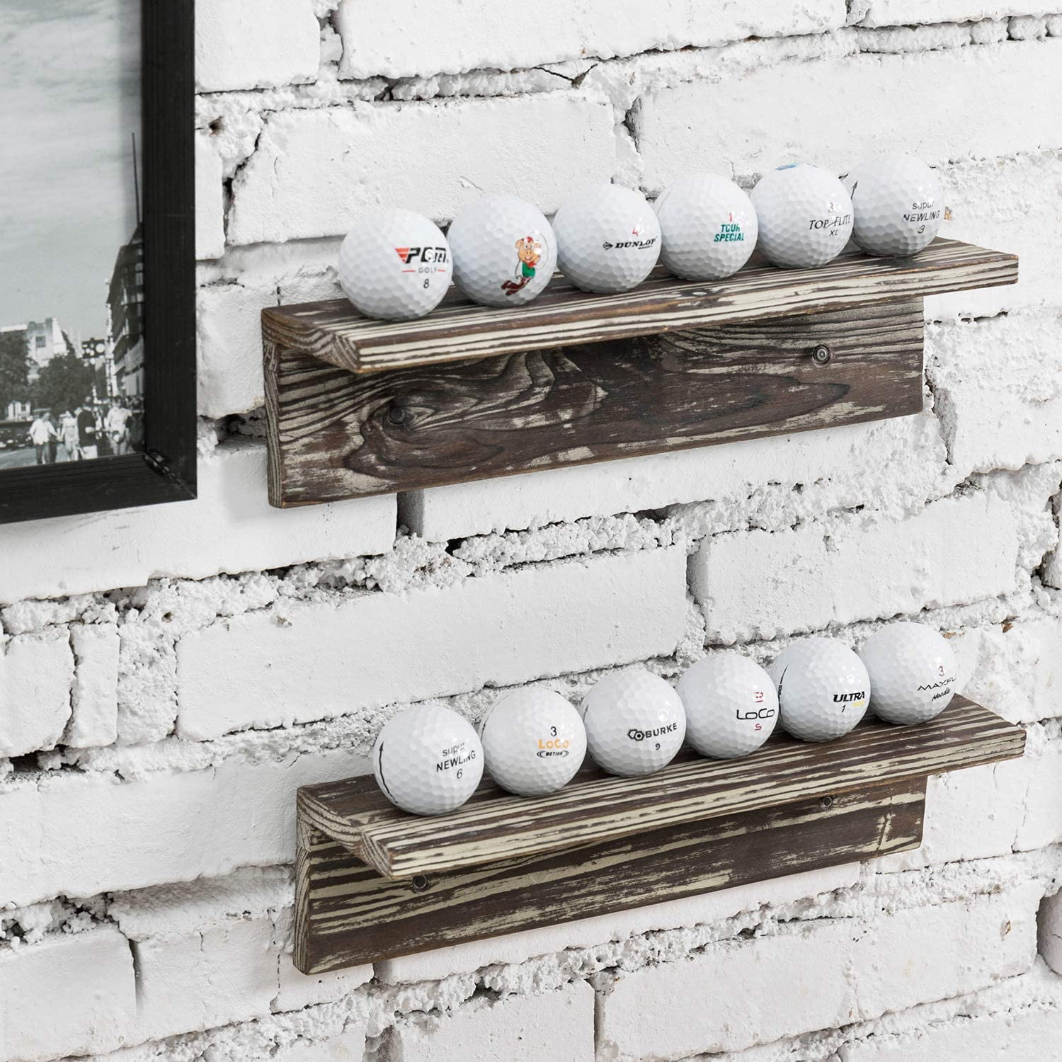 MyGift 12 inch Wall Mounted Rustic Torched Brown Wood Golf Ball Rack ...