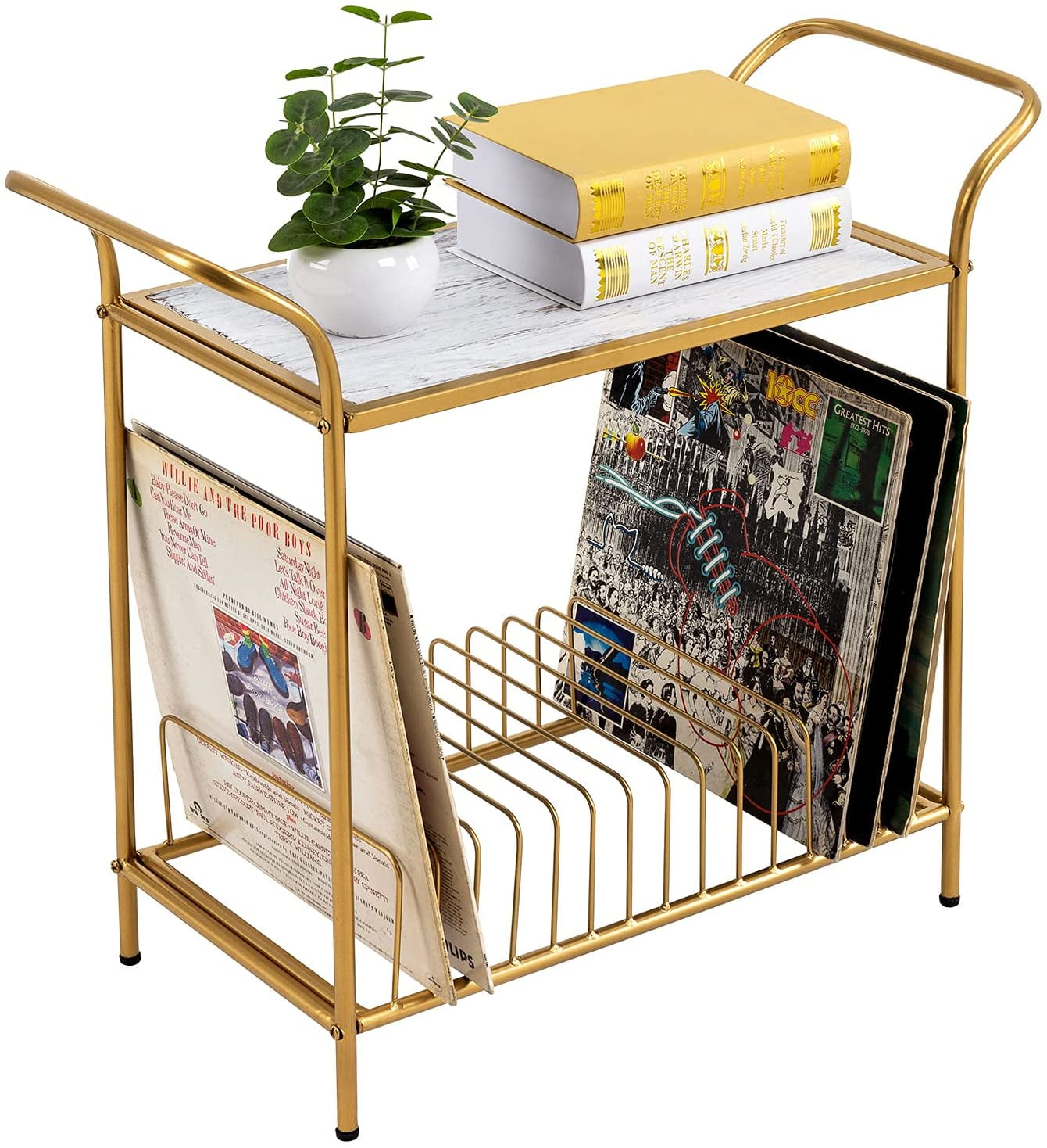 MyGift 2-Tier Metal Record Player Media Stand, White Washed Wood and ...