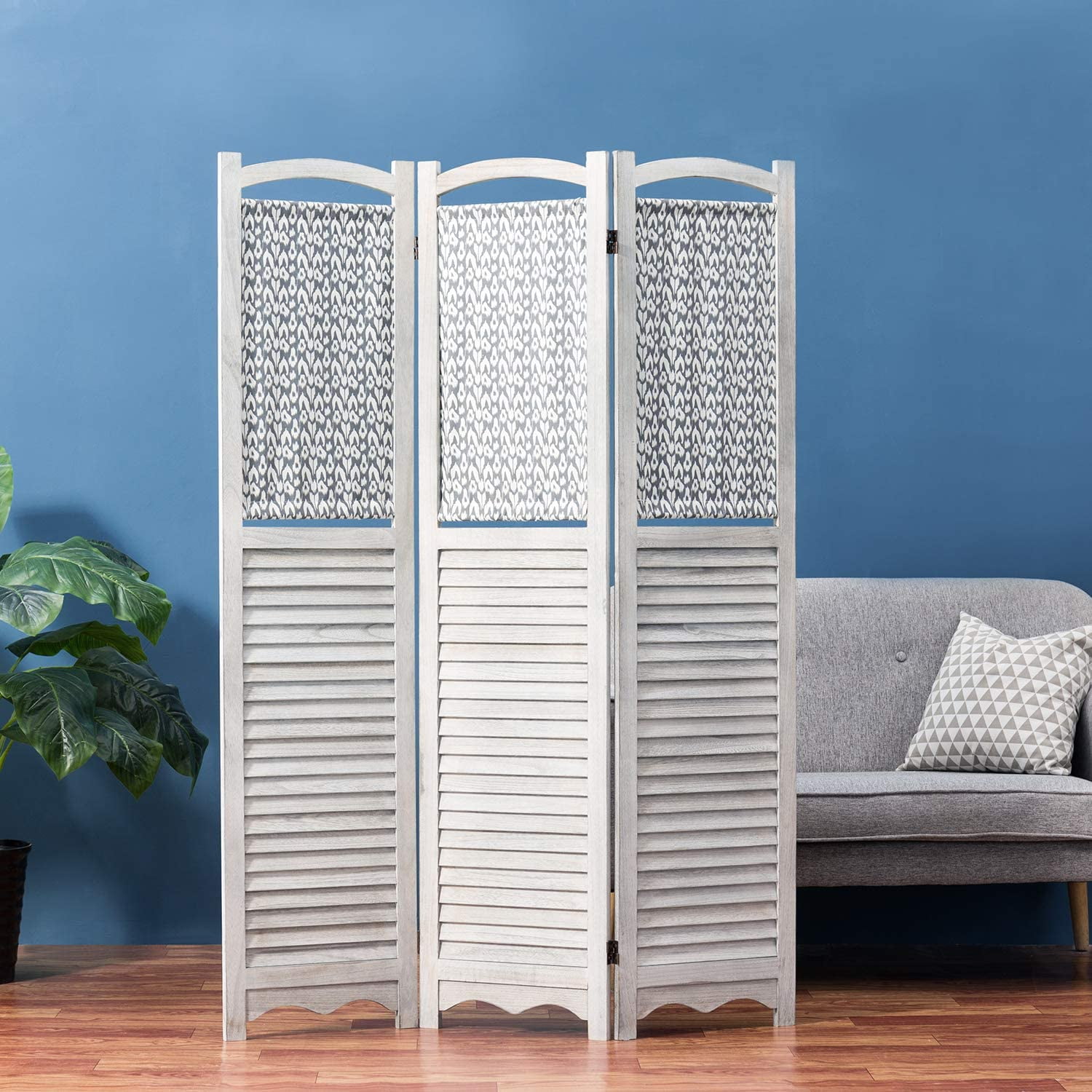 MyGift 3-Panel Rustic Room Divider with Wood Frame & Decorative Fabric ...