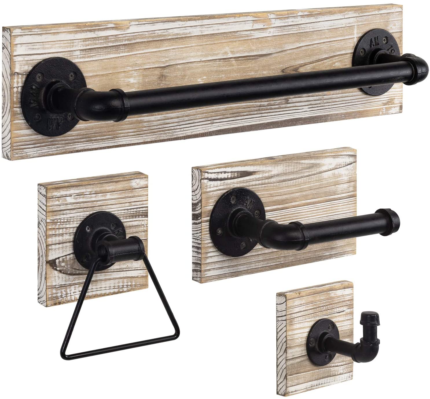 MyGift 4 Piece Wall Mounted Bathroom Hardware Set, Rustic Torched Wood ...