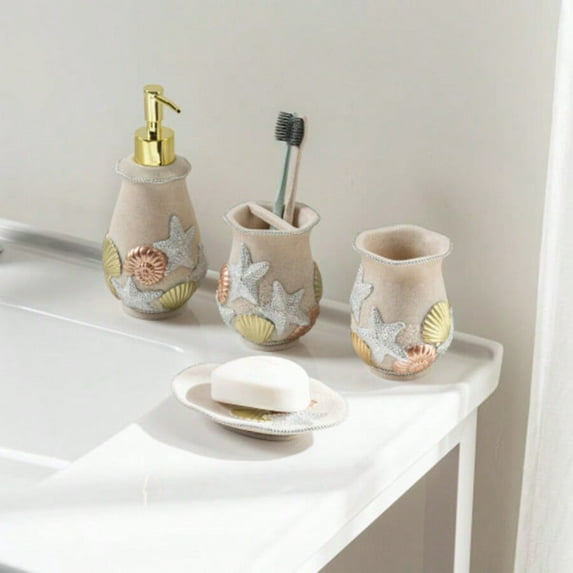 MyGift 4pcs Ocean Coastal Bathroom Accessories Set, Embossed Seashell ...