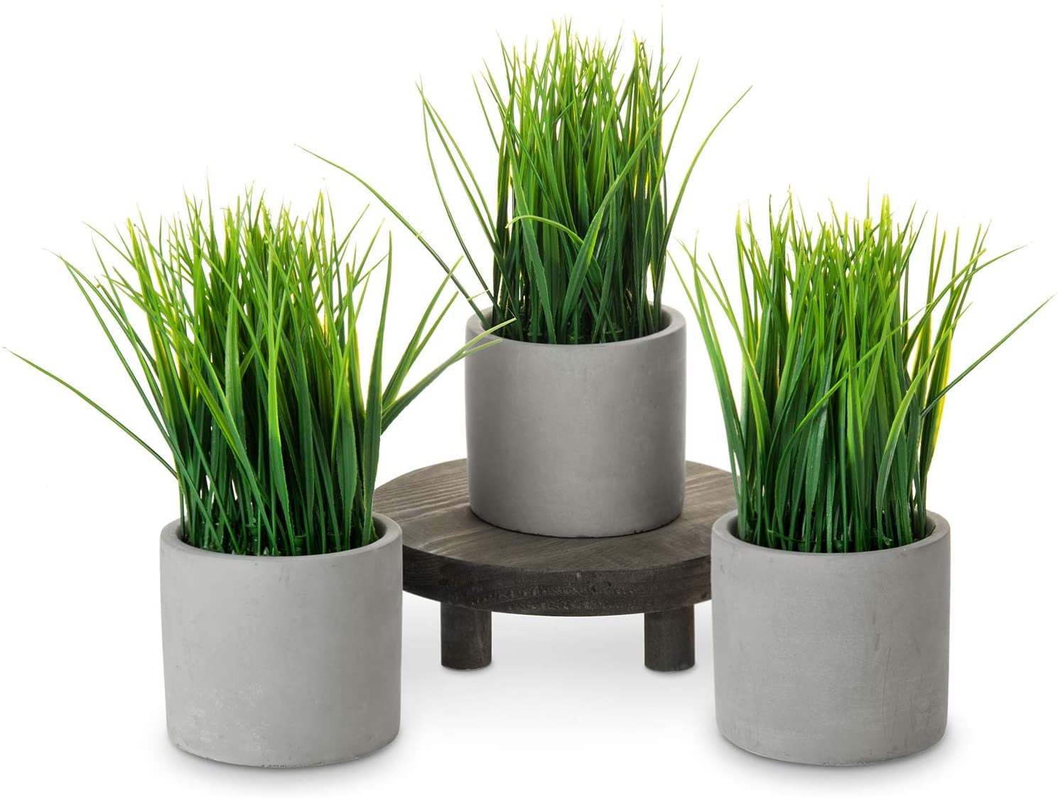 MyGift Artificial Green Grass Plants in Modern Cylindrical Gray Cement ...