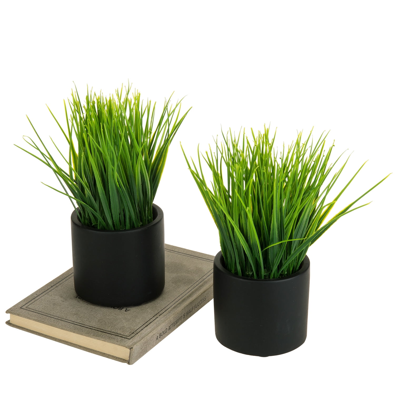 MyGift Artificial Green Grass with Modern Round Black Cement Pots, Set ...