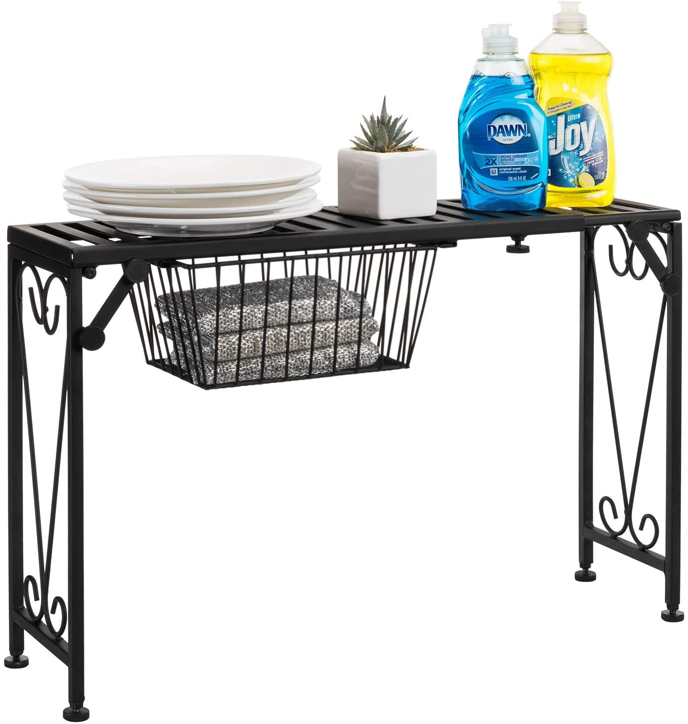 MyGift Black Metal Over The Sink Organizer Shelf with Pull Out Drawer ...