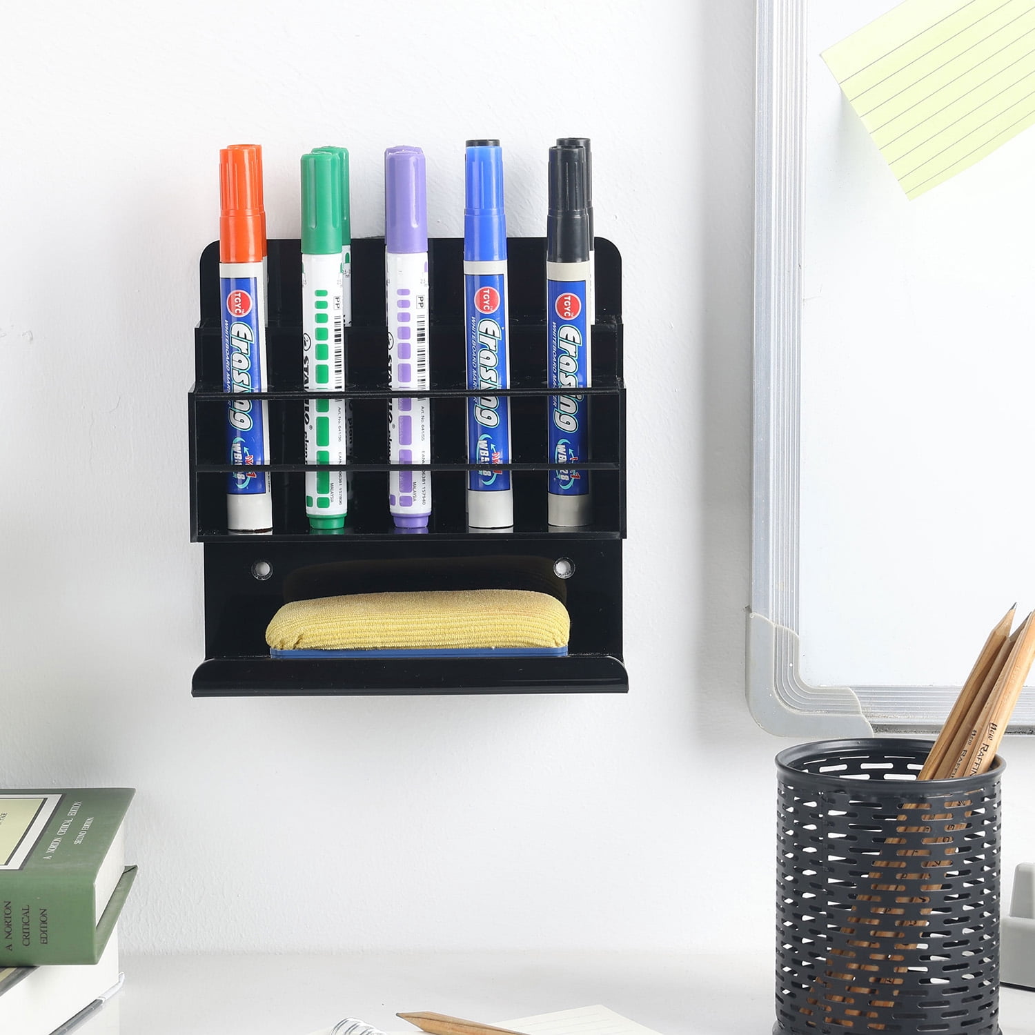 MyGift Black Wall Mounted 10 Slot Whiteboard Marker 2 Tiers Accessories ...