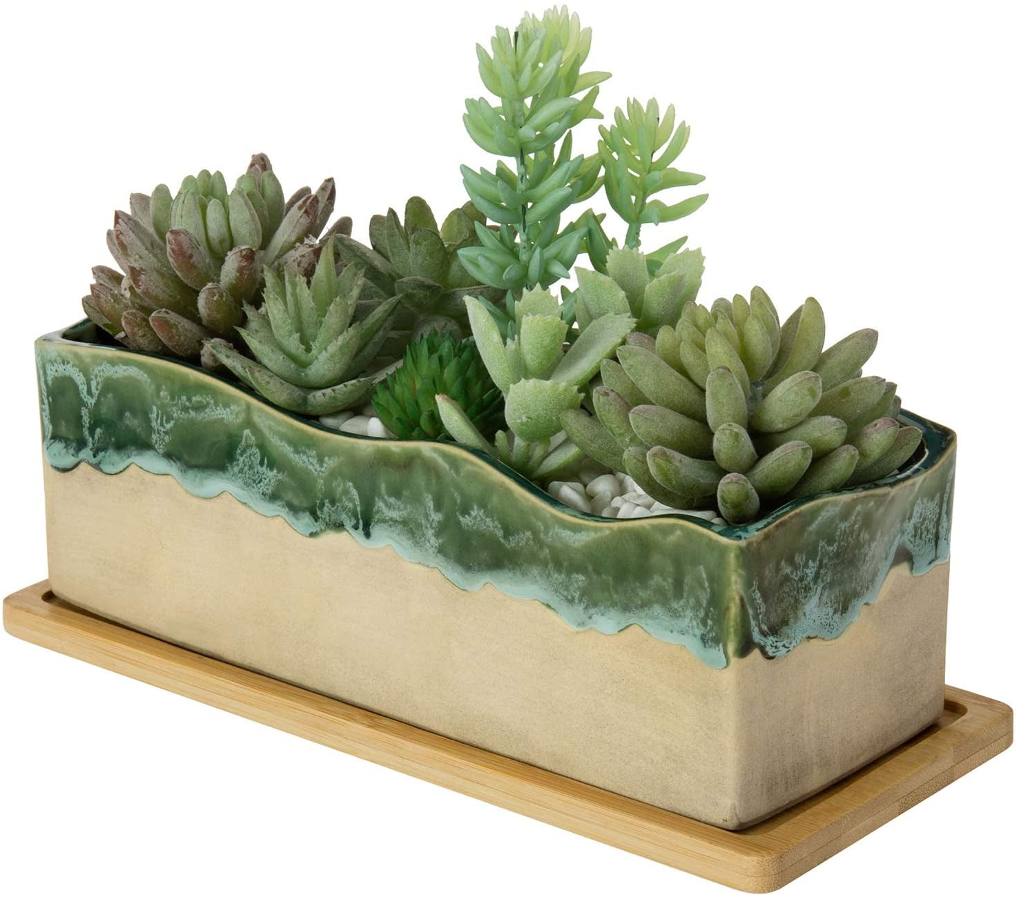 MyGift Ceramic Rectangular Planter, Beige and Green Glazed Flower Pot ...