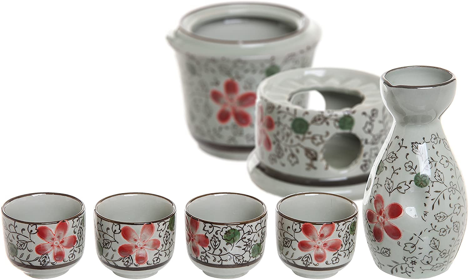MyGift Japanese Style Ceramic Off-White & Red Flowers Sake Set w/ 4 ...