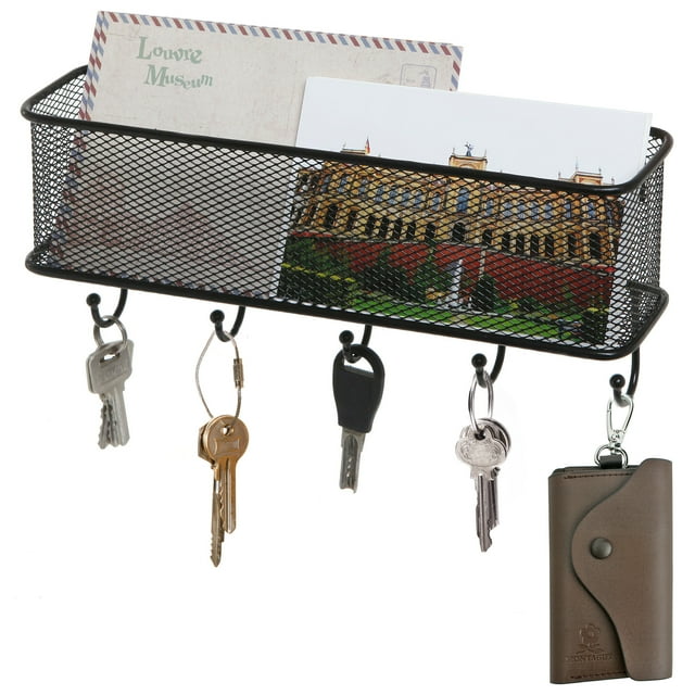 MyGift Modern Black Wall Mounted Wire Mesh Mail Basket with 5 Key Hook ...